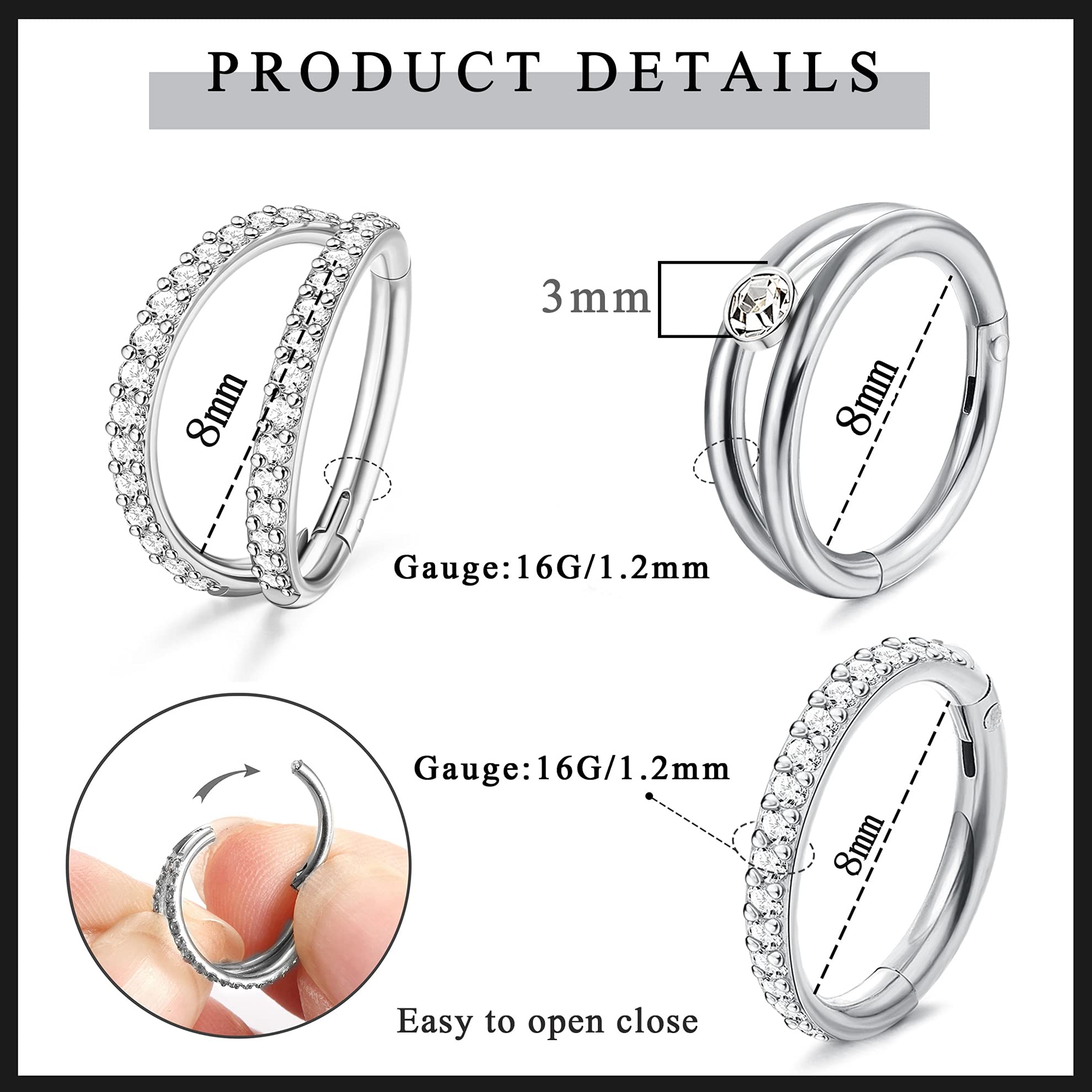 SAILIMUE 3Pcs 316L Surgical Steel Septum Clicker Nose Rings Double Open Stack Conch Daith Piercing Sleeper Earring Helix Rook Conch Cartilage Tragus Earrings Labe Nose Piercing Jewelry