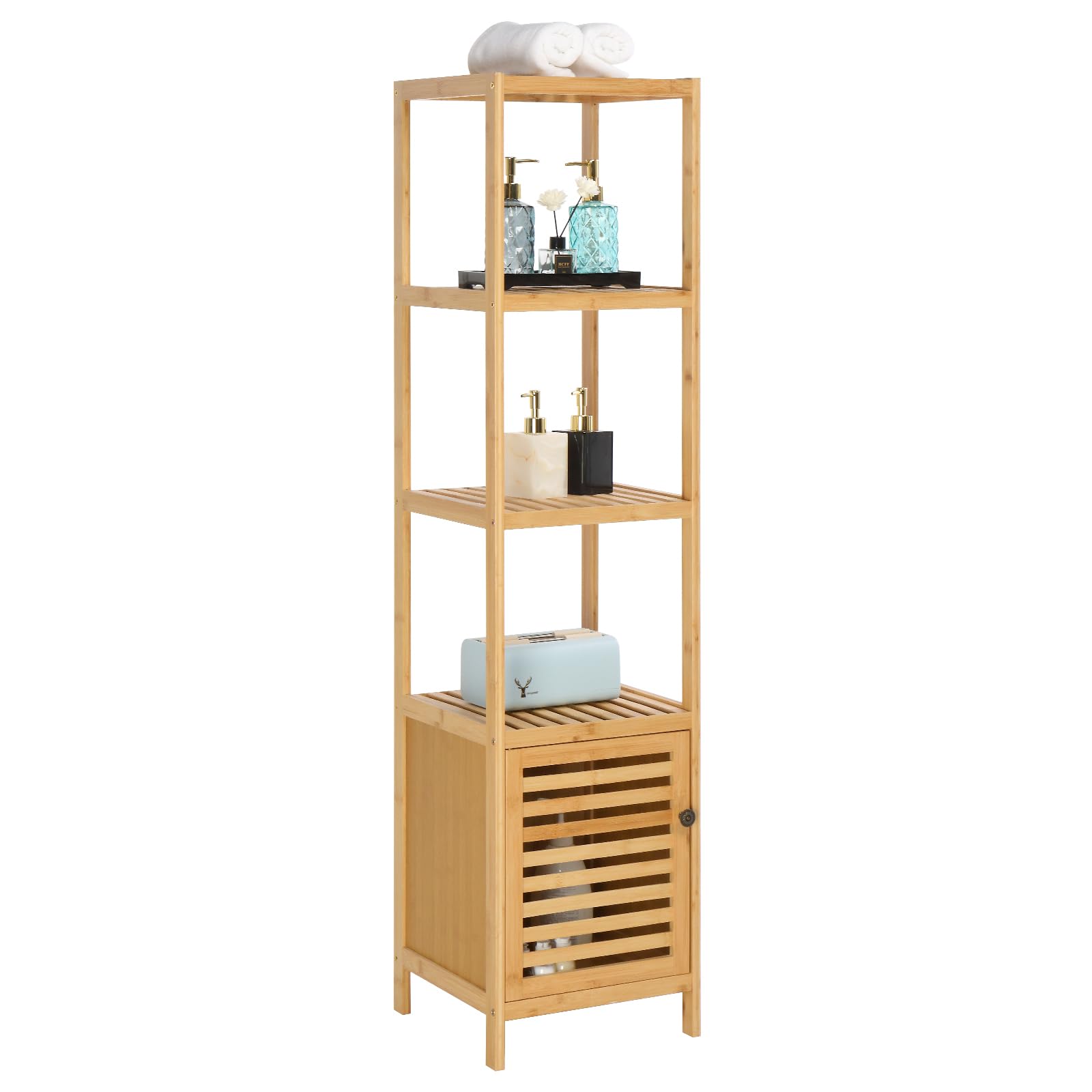 Vasitelan Bamboo Bathroom Storage Floor Cabinet, 4 Tiers Multifunctional Floor Shelving Unit, Free Standing Tower Corner Rack