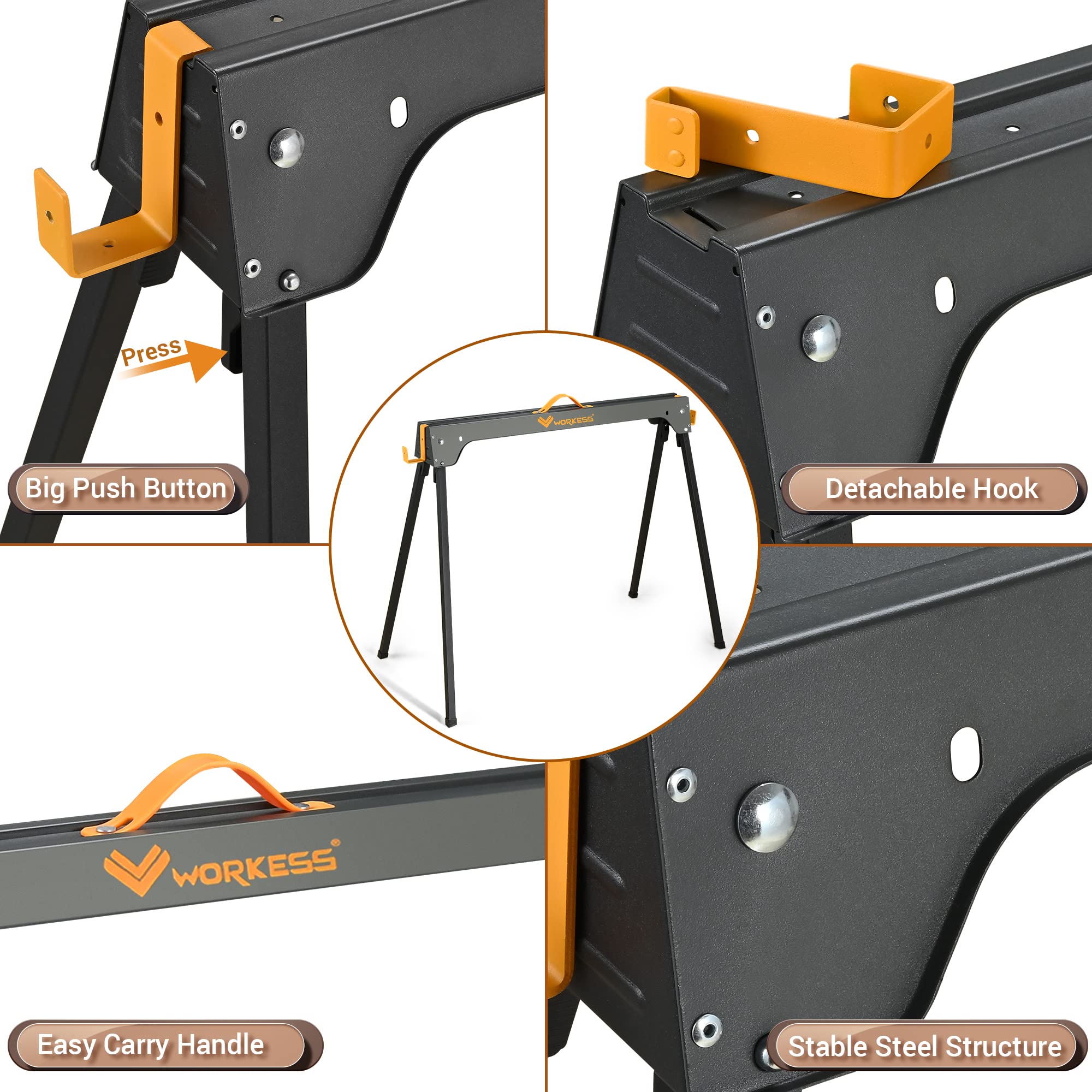 WORKESS Saw Horses 2 Pack, Heavy Duty Folding Portable Saw Horses Table 2200 Lbs Load Capacity with 2x4 Support Legs, Fast Open Legs and Easy Grip Handle for Woodworking.