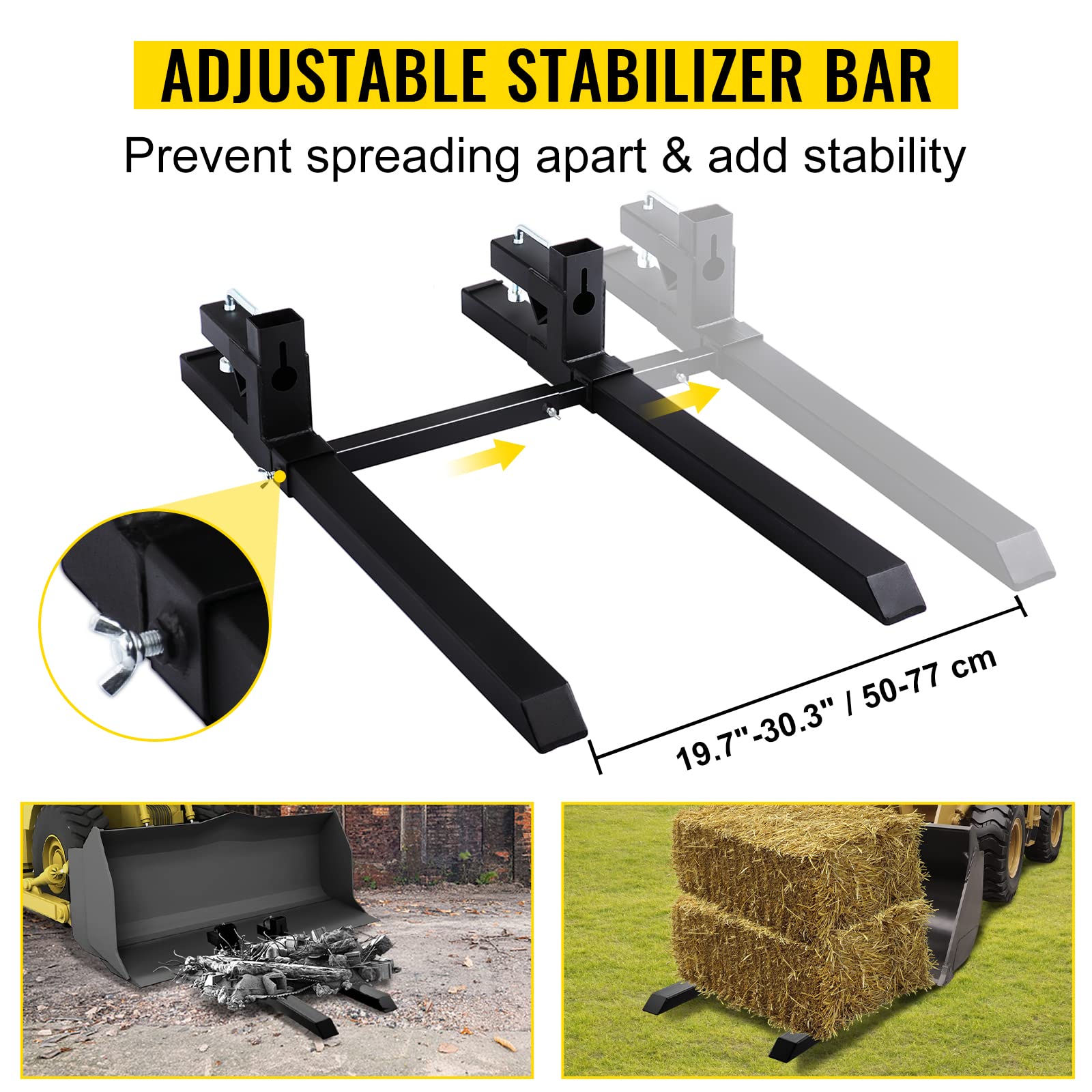 VEVOR Pallet Forks, 2000 Lbs Clamp on Pallet Forks 60" Total Length, Tractor Bucket Forks with Adjustable Stabilizer Bar, Heavy Duty Pallet Forks for Tractor Attachments, Skid Steer, Loader Bucket