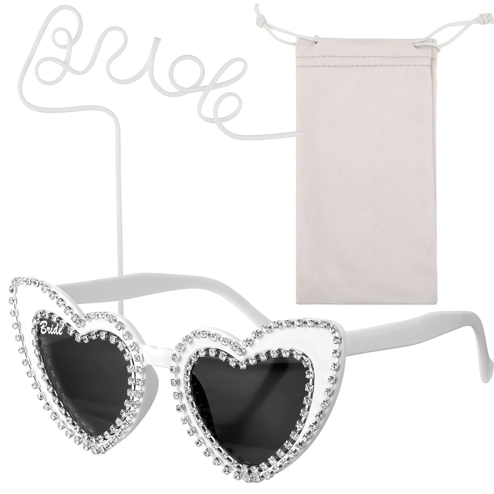 Umigy 3 Pcs Bachelorette Party Bride to Be Straw White Heart Bride Sunglasses with Grey Pouch Bridal Shower Bride to Be Gift for Women Bachelorette Party