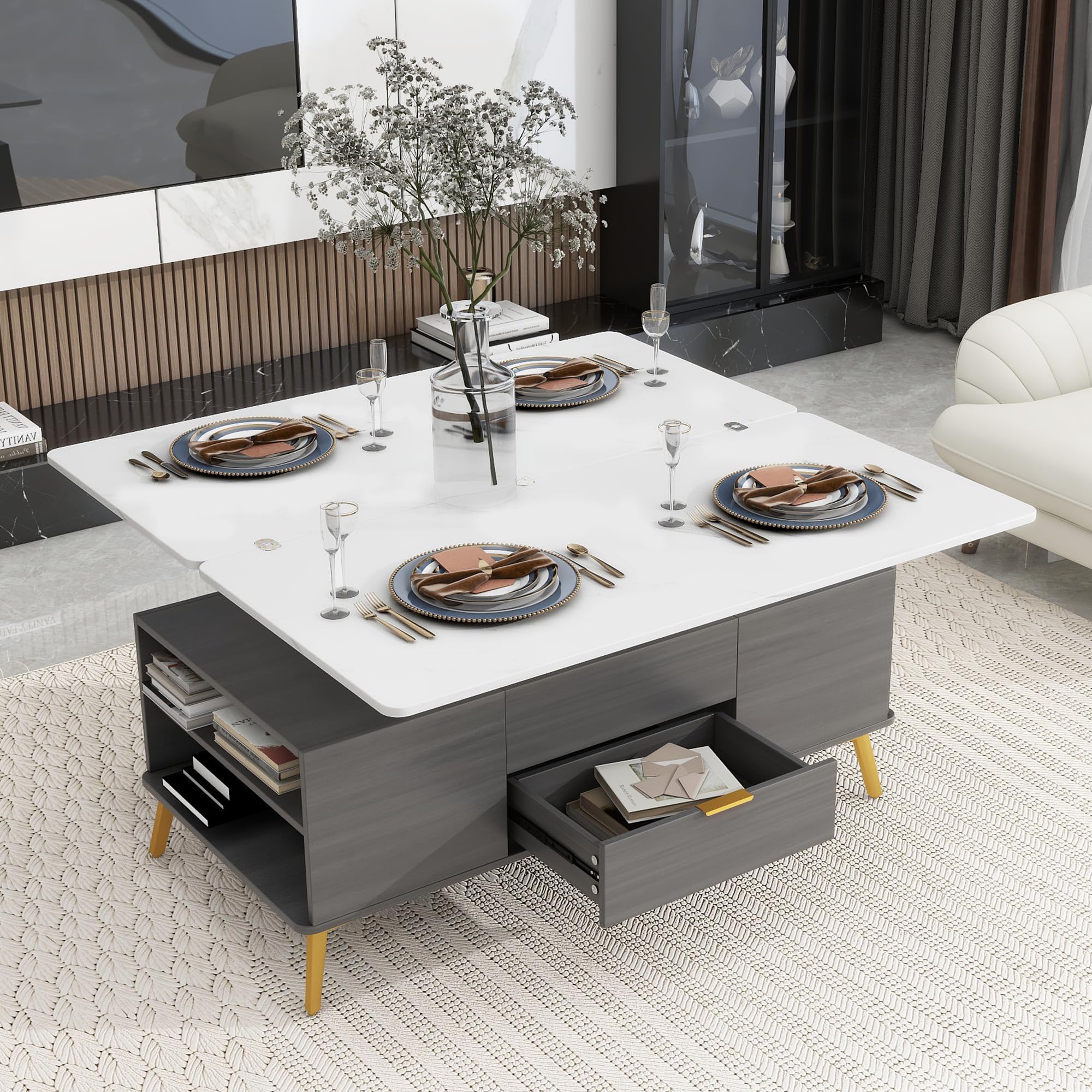 Merax Coffee Table for Living Room Lift Top with Drawers Storage Shelf Desktop Modern Accent Furniture Space Saving Bedroom(47.2 Inch), Gray/Marbling White