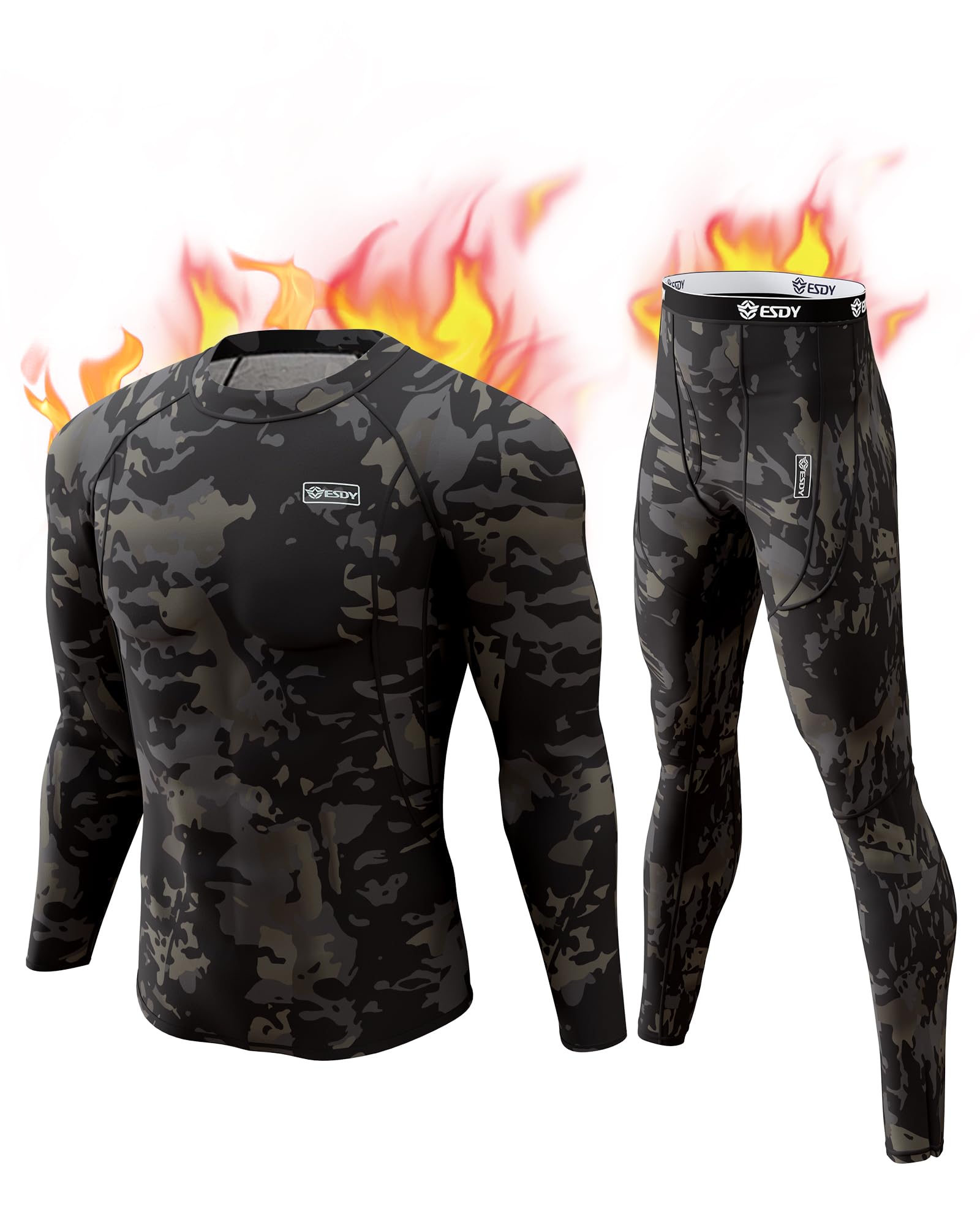 Long Johns for Men with Fly, Thermal Underwear Set Winter Hunting Gear Sport Base Layer Top and Bottom Midweight -Crew Neck-Camo Black-XL