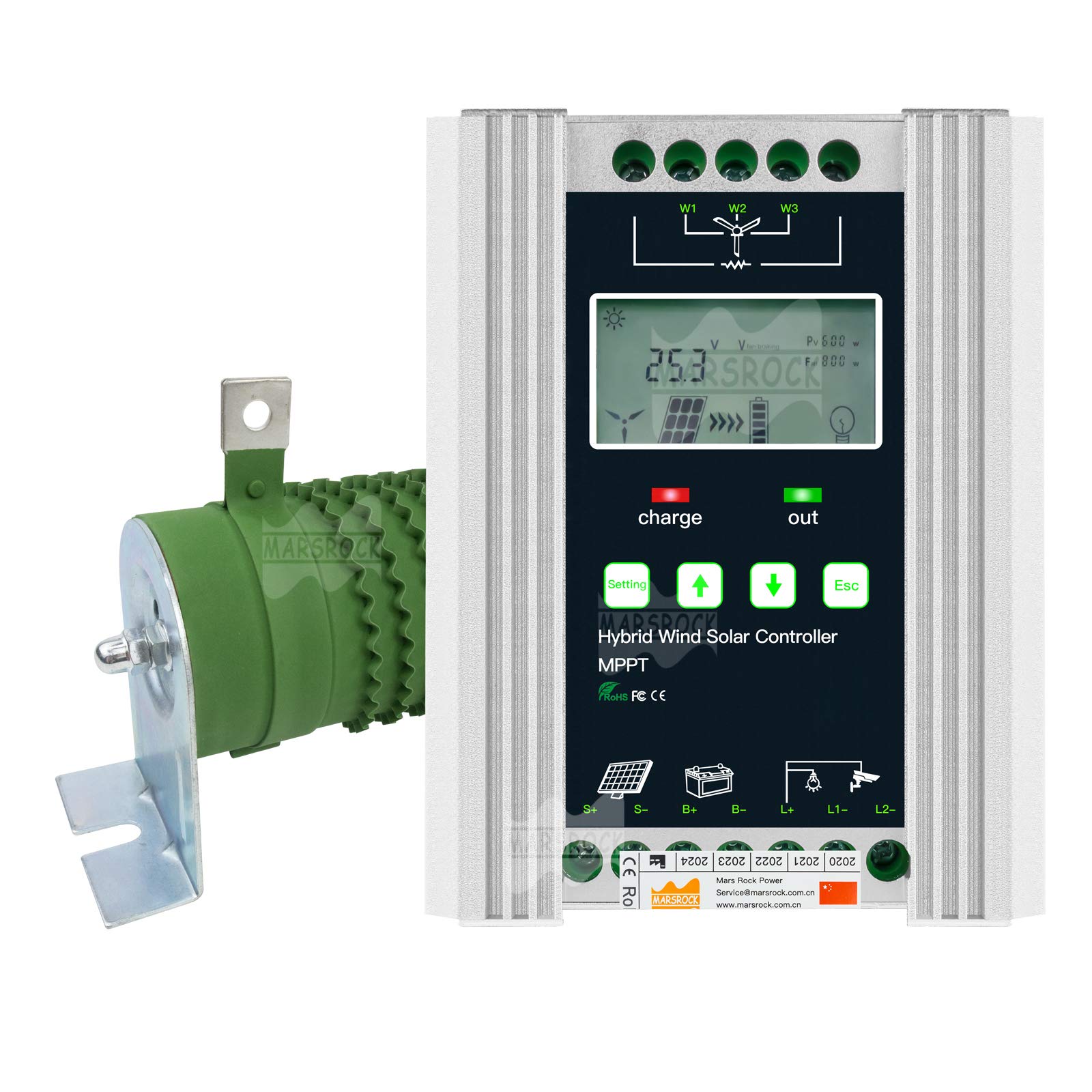 Marsrock 1400W 12V/24V Auto MPPT Wind Solar Hybrid Charge Controller Support Gel and Lead-Acid Battery for Home Wind Turbine Generator and Solar Panel System