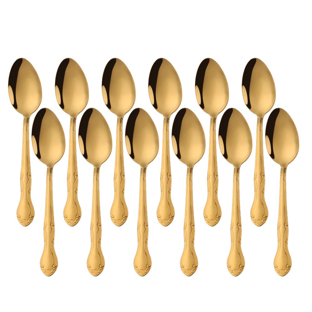 QIBOORUN 12-Piece Stainless Steel Dinner Spoons with Flower Edge, Stainless Steel Dinner Spoons Set, Table Spoon Dessert Spoons for Home, Kitchen or Restaurant - 7.3 Inches-Gold