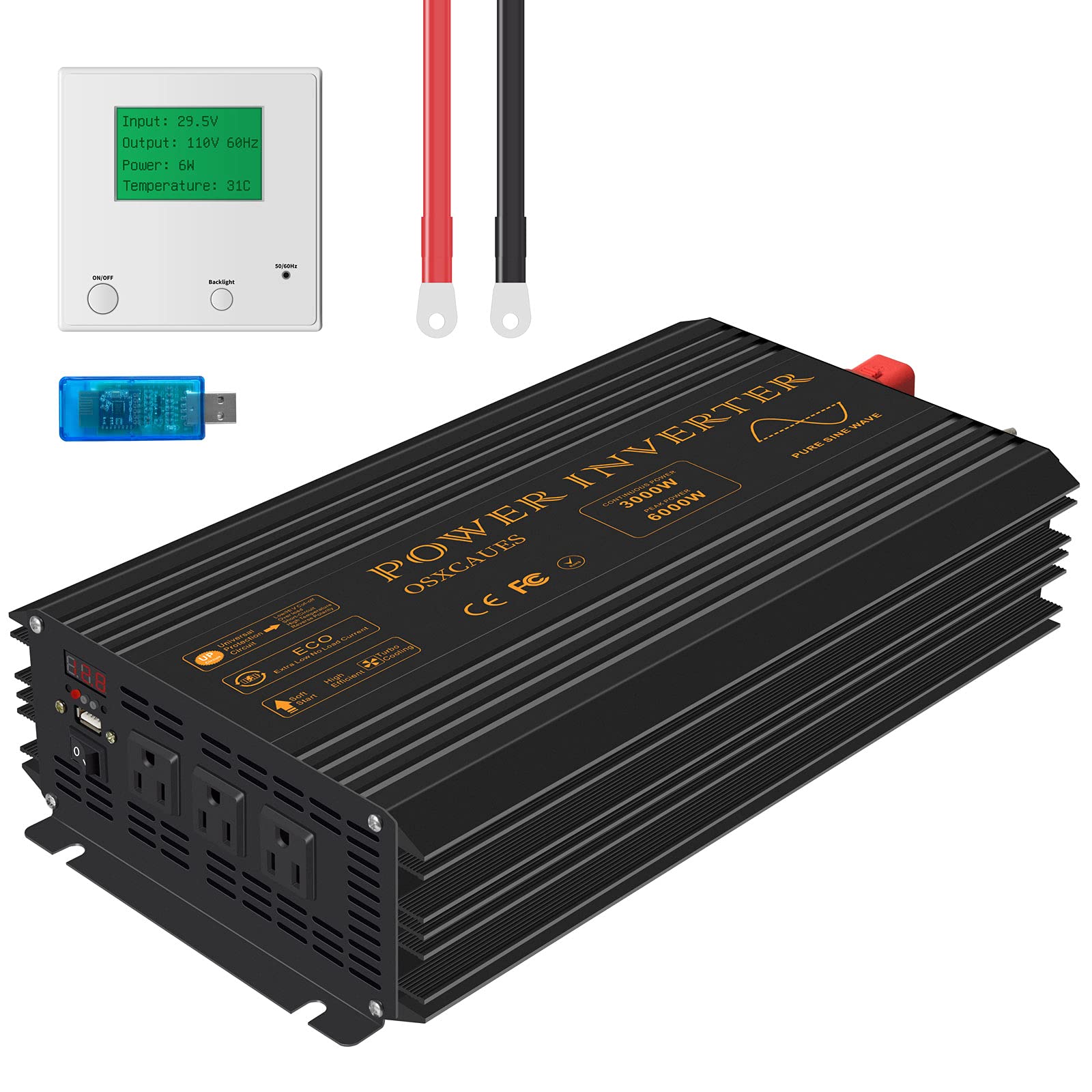 Osxcaues Pure Sine Wave 3000W Power Inverter 24V DC to 110V AC Remote Control Converter with 3 AC outlets for Solar System Truck Boat Car