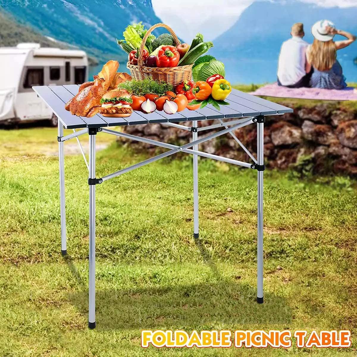 MYOYAY Portable Camping Table Foldable Lightweight Aluminum Table Square Roll Up Top Folding Camp Table for Outdoor Picnic Grill with Carry Bag, 27.5" L x 27.5" W x 27.5" H, Silver