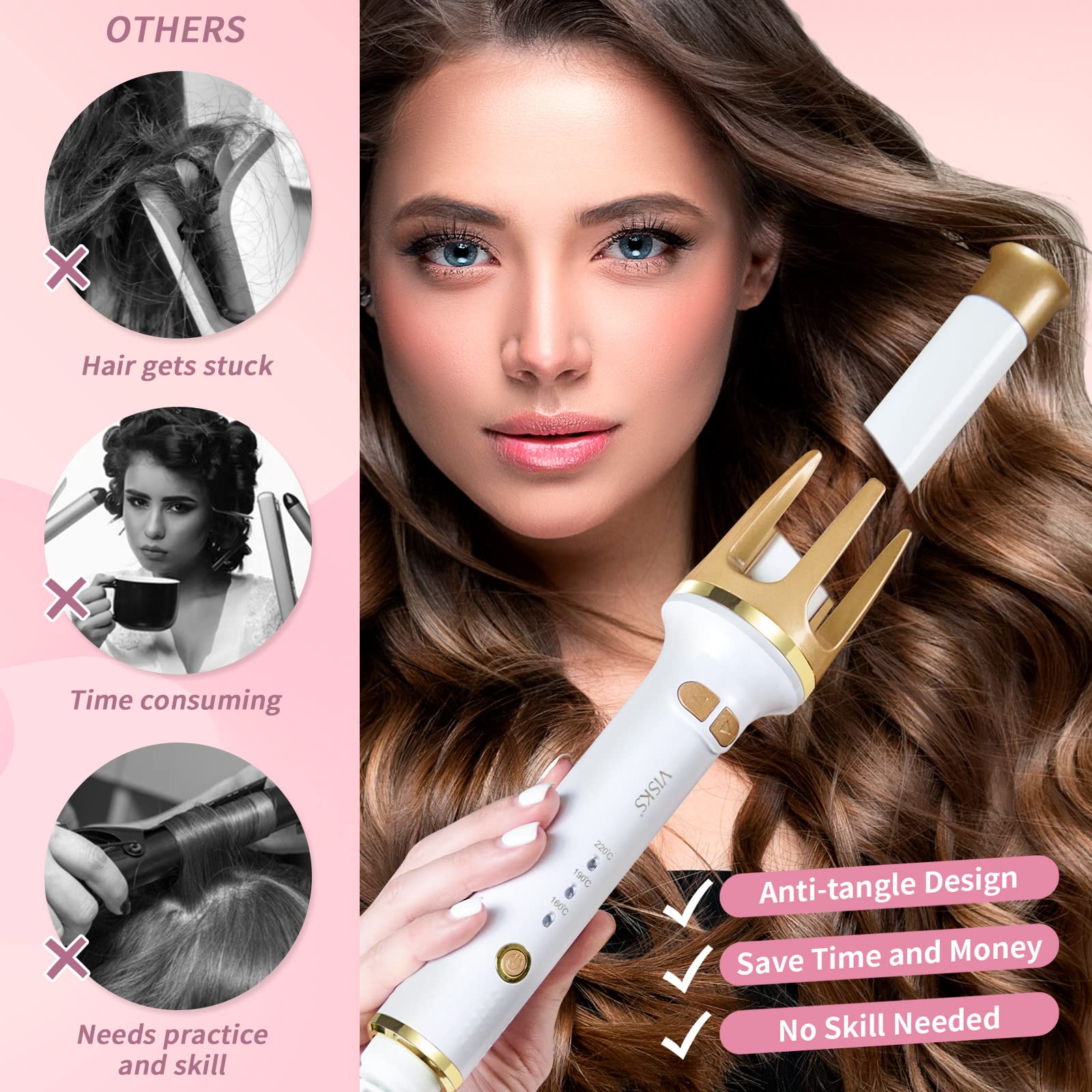 VISKS Auto Ceramic-ion Hair Curler, Super Easy-to-use 1 inch Automatic Curling Iron with 1" Barrel & 3 Temps Settings, Auto Shut-Off, Rotating Curling Wand