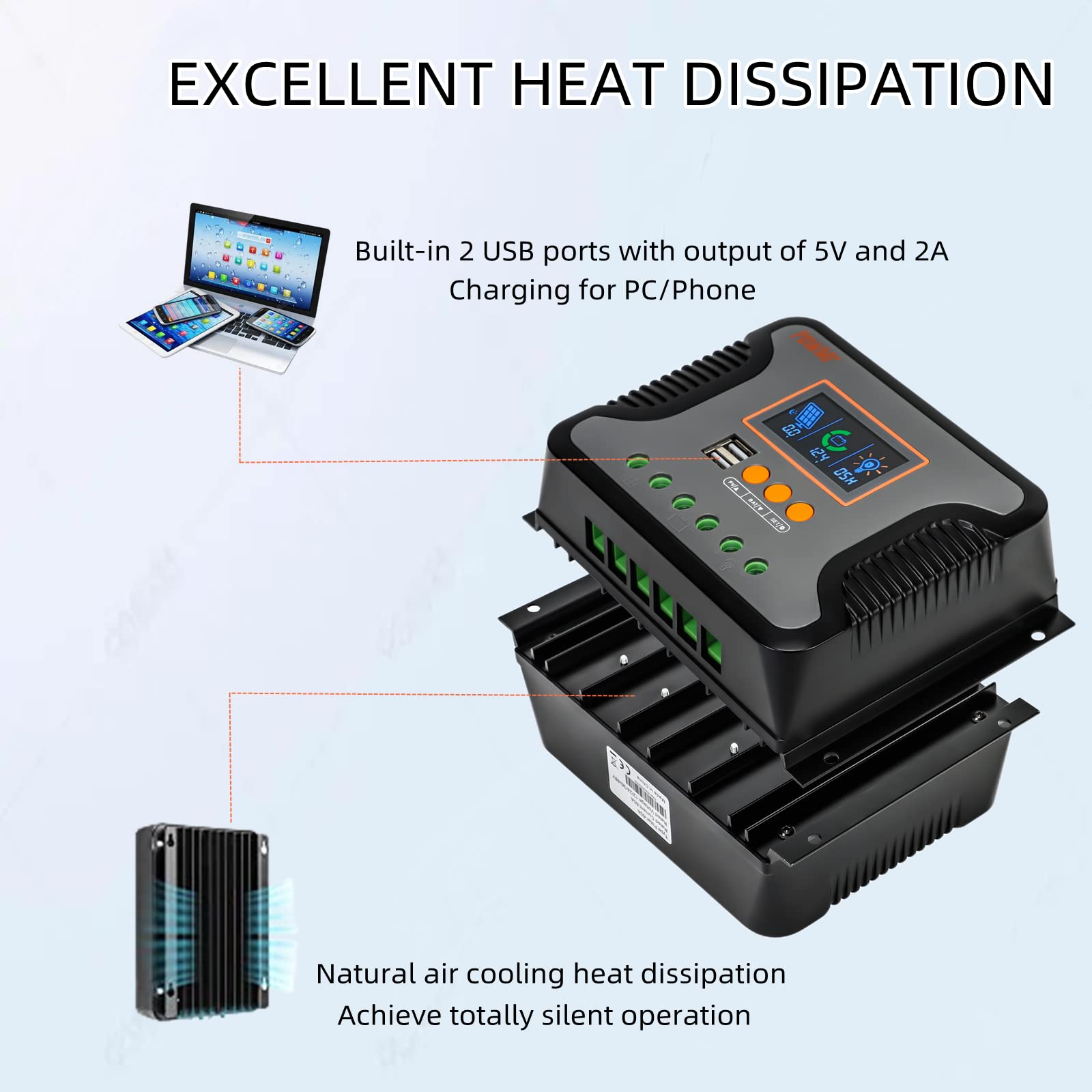 Powmr 60A PWM Solar Charge Controller 12V 24V 36V 48V with Backlit Display, Dual USB Port, Max PV 100VDC,Battery Intelligent Regulator for Solar Panels Compatible with LFP, AGM, SLD, FLA