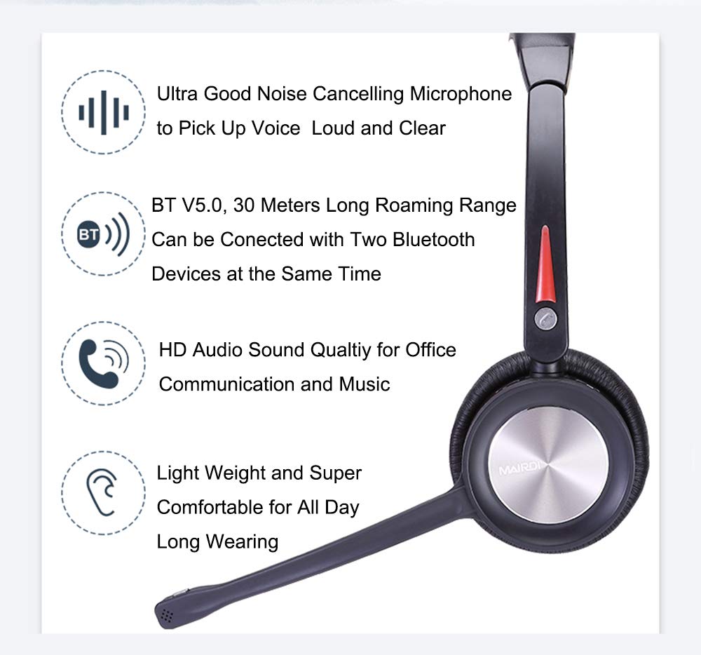 MAIRDI Wireless Headset with Noise Canceling Microphone for Office, Over The Head Truck Headset Wireless Headphone for Cell Phone