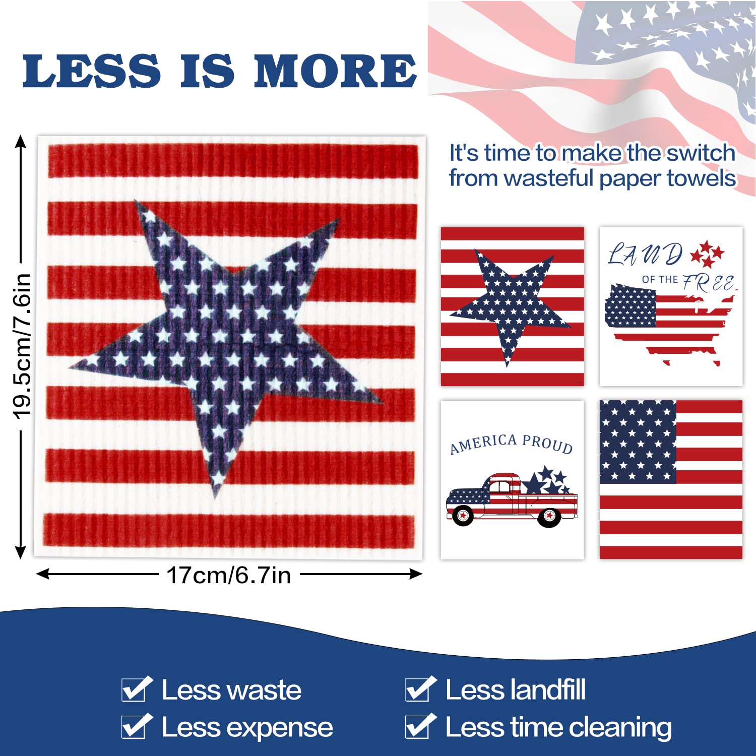 Quera 4Th of July Swedish Kitchen Dishcloth Retro Patriotic Stars & Stripes Truck Cotton Kitchen Towel Independence Day Absorbent Quick Drying Kitchen Cloth for Home Counter Wipes,4Pcs​