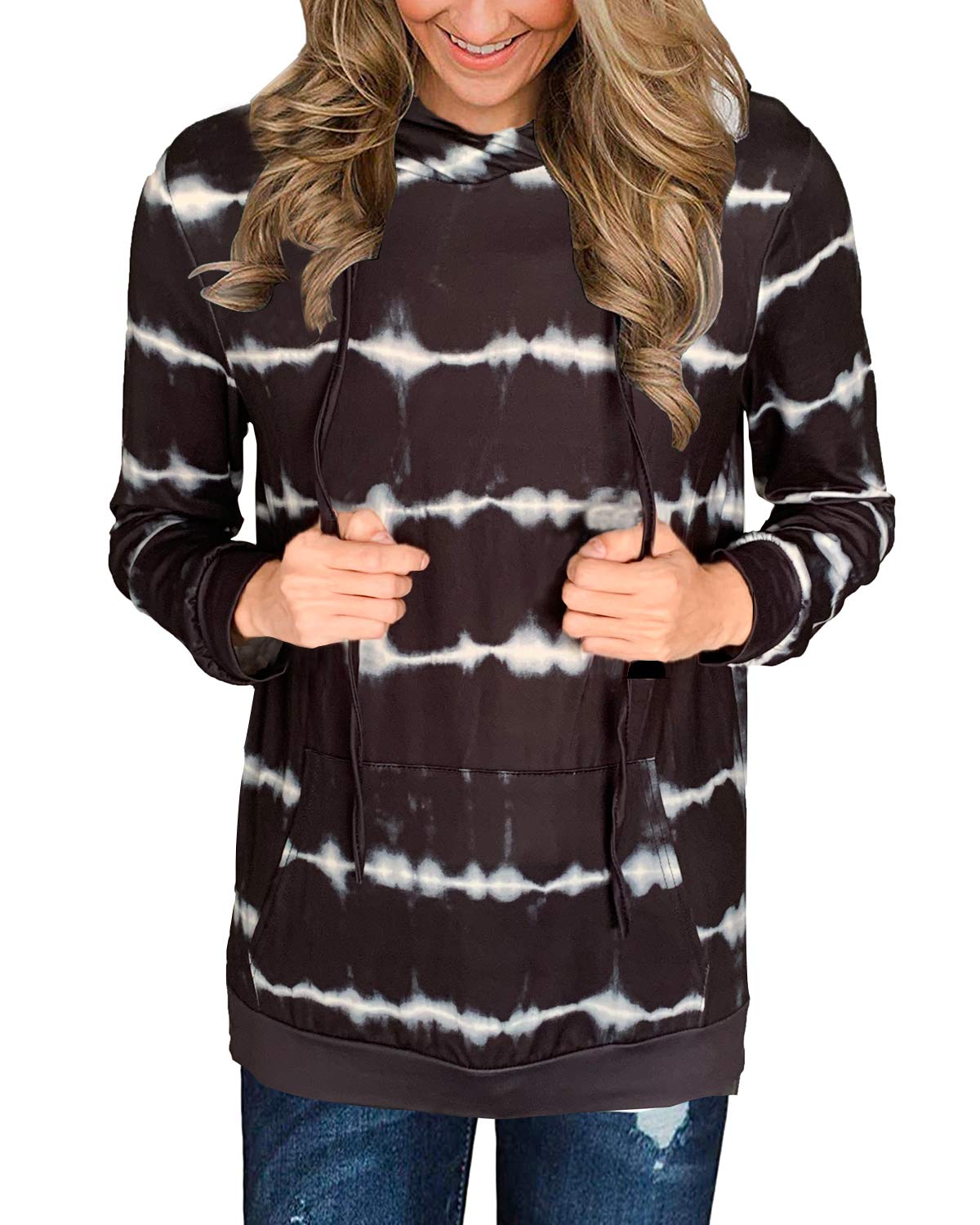 NEWCOSPLAY Women's Hoodies Tops Tie Dye Sweatshirt Long Sleeve Drawstring Pullover with Pocket (Medium, Stripe-black)