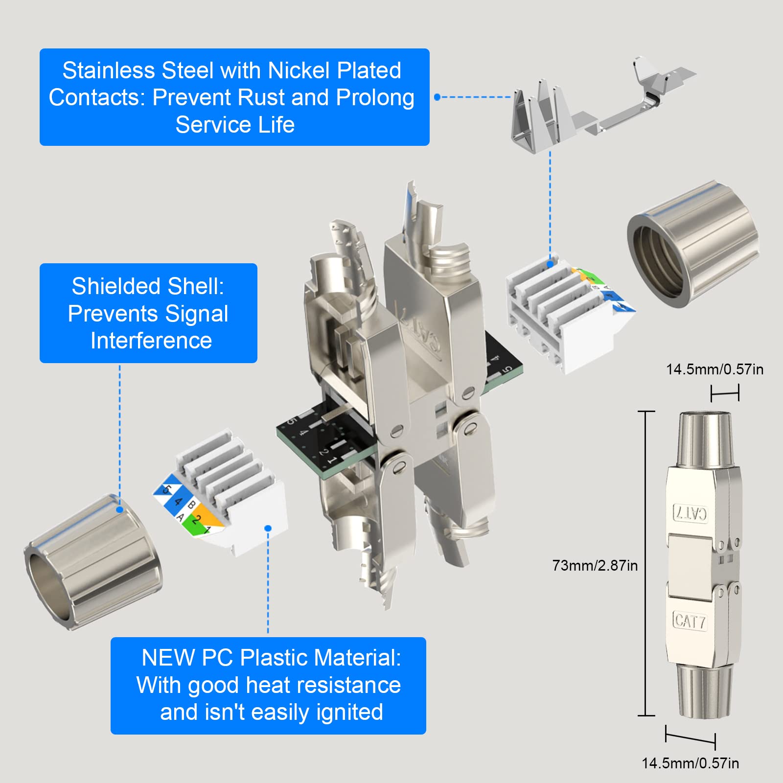 VCELINK Tool-Free RJ45 Coupler Shielded, Ethernet Cable Extender PoE+ for Cat7/Cat6a/Cat6 Network Cables 2 Pack, Silver