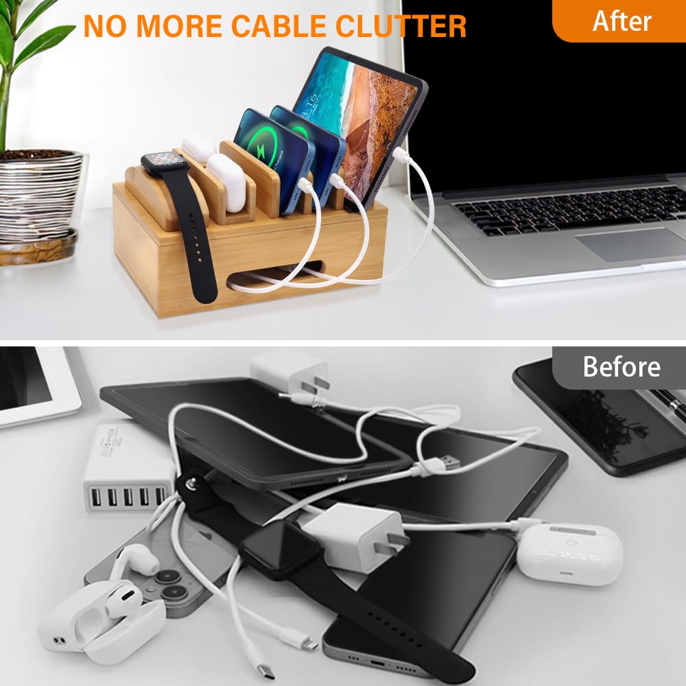 Myndekly Bamboo Charging Station Organizer for Multiple Devices, Desktop Docking Station for Cell Phones, Tablets, SmartWatch&Earbuds Stand (Includes 6 Cables) (No Power Supply)