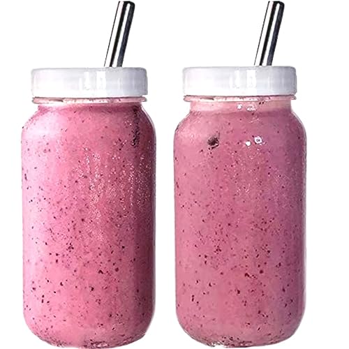Reusable Smoothie Cup Regular Mouth 24 oz Mason Jar with Wide STAINLESS STEEL Straws Drinking Cups and Lids and Straws- Drinking Lid and BPA Leak Proof Caps by Jarming Collections
