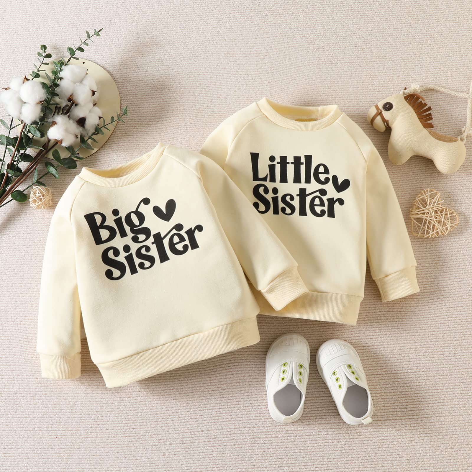 vchoohce Baby Girl Sister Matching Outfit Long Sleeve Letter Print Crewneck Sweatshirt Pullover Sweater Fall Winter Clothes (Big Sister-Yellow,3-4T)