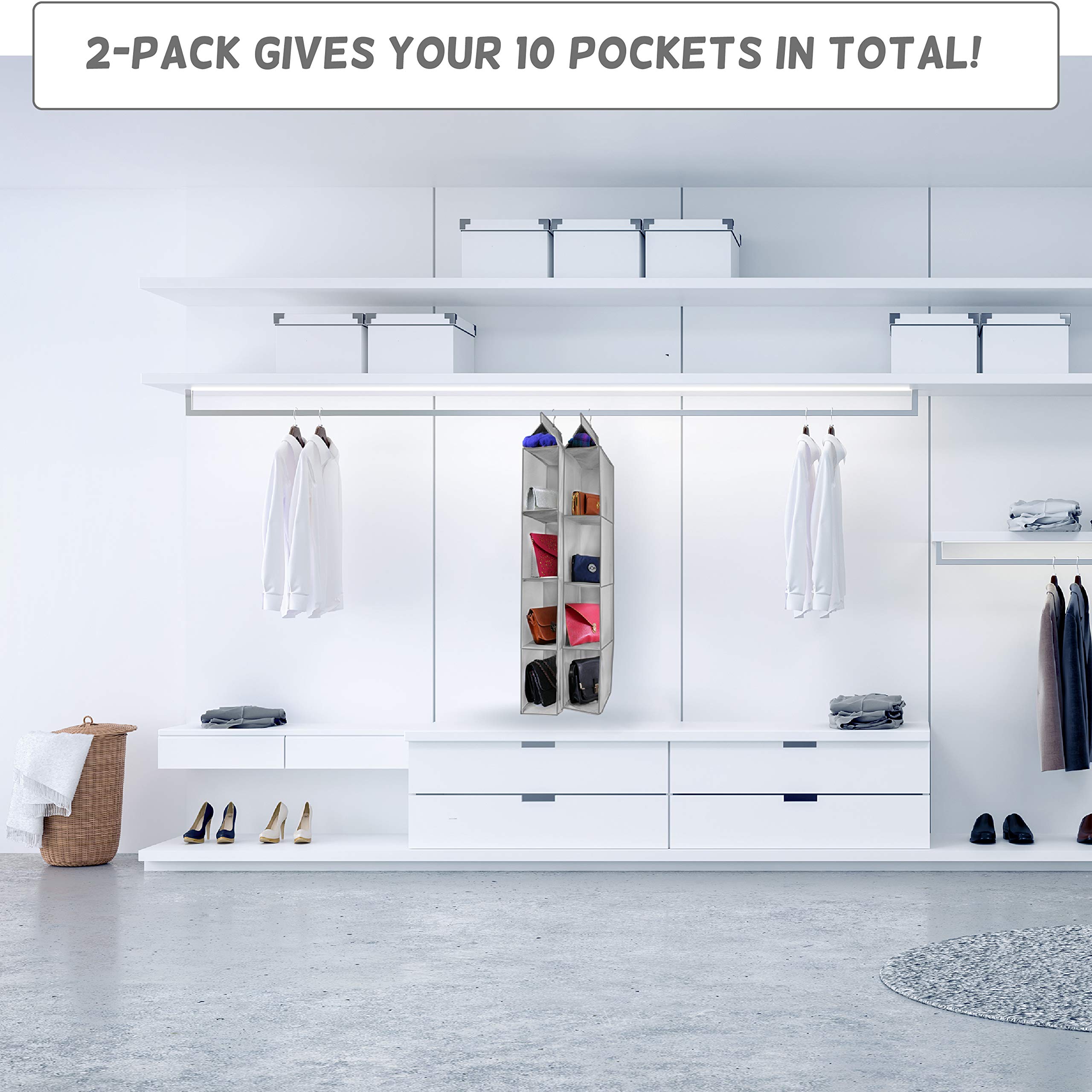MIGHTY TIDY HOME New and Improved XL Size Hanging Handbag Purse Organizer for Closet | 2 Pack, 10 Shelves Total | Space Saving Hand Bag Storage Holder for Wardrobe Closet (Neutral Tone)
