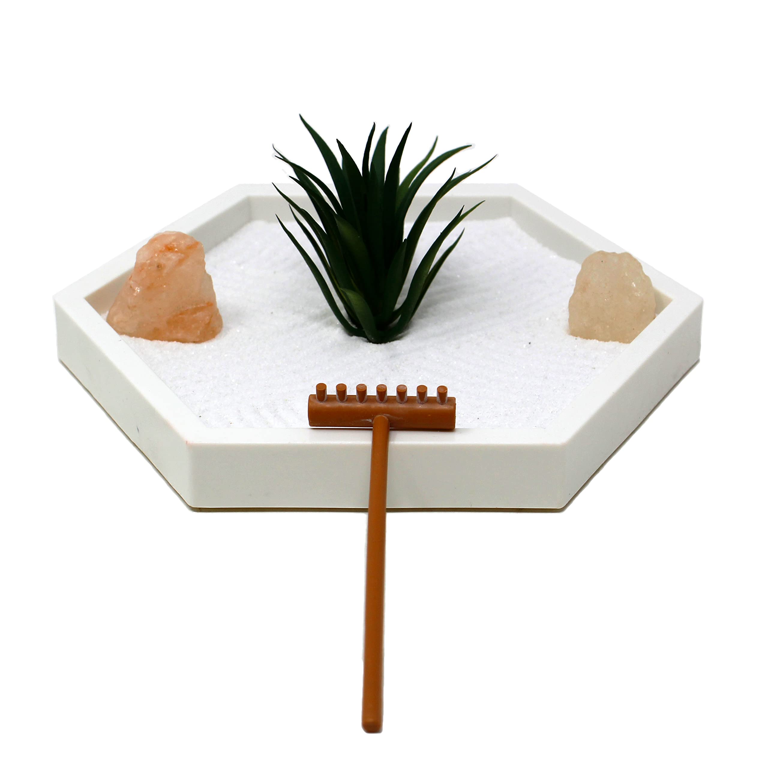 Nature's Mark Mini Zen Garden Kit for Desk with White Sand, Rake, White Base, Salt Rock and Air Plant (Round)