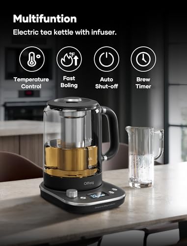 Offacy Electric Tea Kettle, 1.6L 1200W Fast Heating 9 Smart Presets with Removable Infuser Temperature Control 2H Keep Warm, BPA-Free Glass Teapot for Coffee, Boil-dry Protect, Easy to Clean, Black