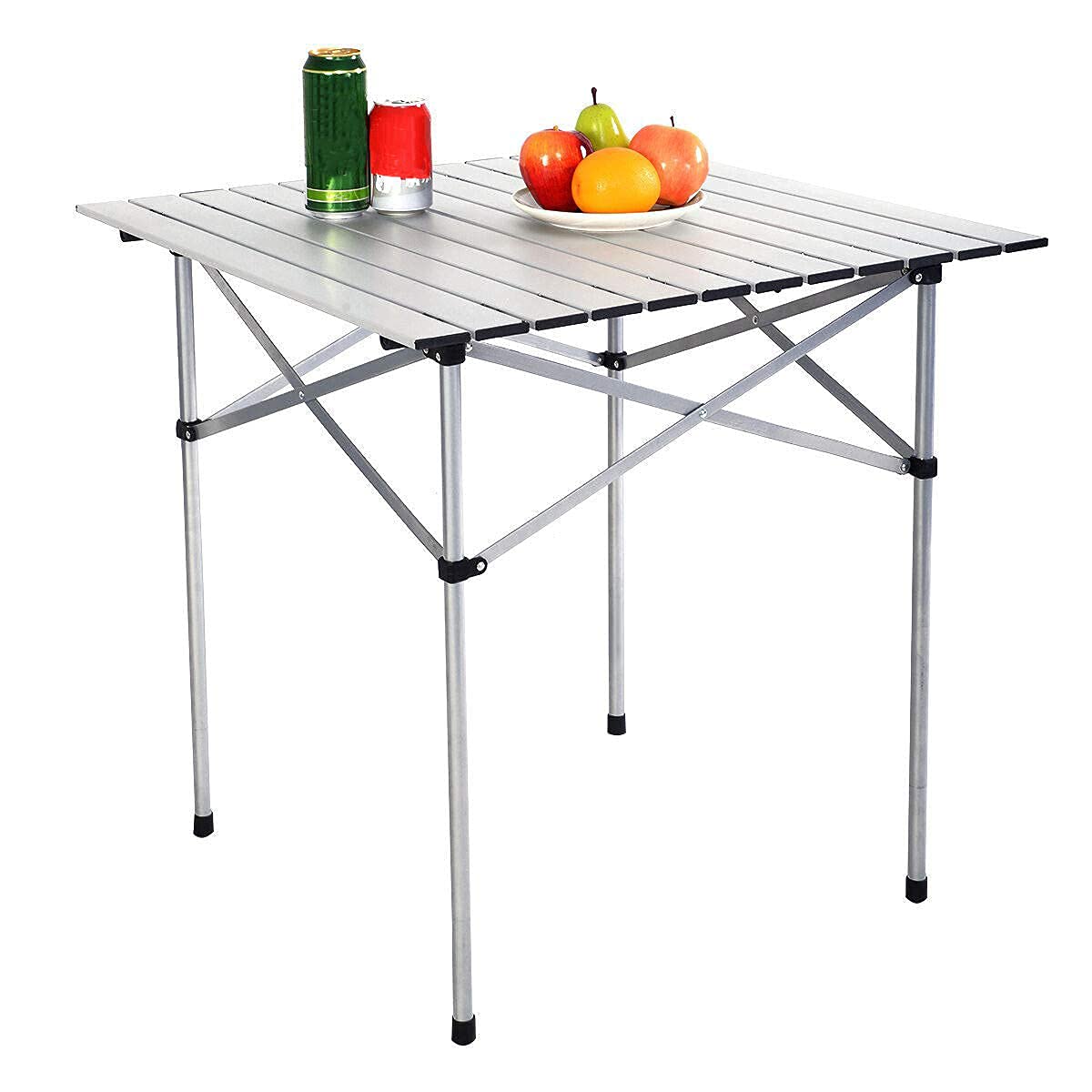 MYOYAY Portable Camping Table Foldable Lightweight Aluminum Table Square Roll Up Top Folding Camp Table for Outdoor Picnic Grill with Carry Bag, 27.5" L x 27.5" W x 27.5" H, Silver