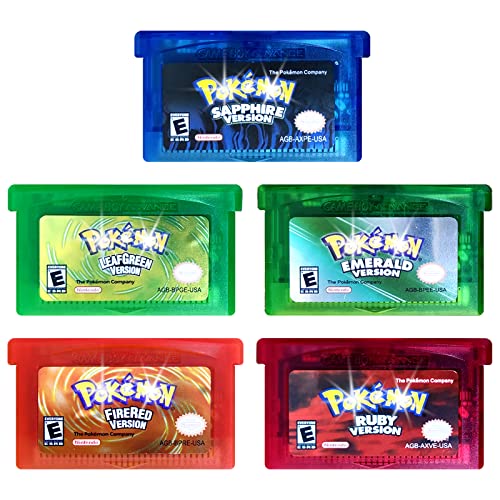 VIAPOM 5 Pcs Pokemon Ruby,Emerald,Sapphire,LeafGreen,FireRed Version GBA Game,Pocket Monster Third-Party Cards Gameboy Cartridge Compatible with GBM/GBA/SP/NDS/NDSL (Reproduction Game Cards)