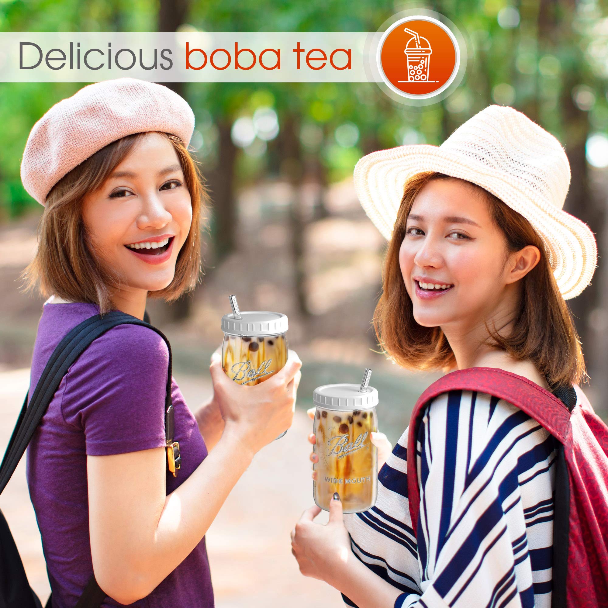 Reusable Wide Mouth Smoothie Cups Boba Tea Cups Bubble Tea Cups with Lids and Silver Straws Mason Jars Glass Cups (2-pack, 32 oz mason jars)