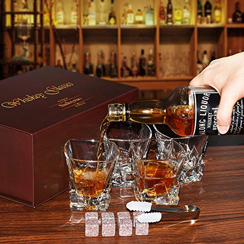 Sishynio Whiskey Glasses Set of 4 for Men, 10oz with 8 Cube Granite Chilling Stones, Whiskey Rocks Glasses Gift Set for Grandpa Father Husband