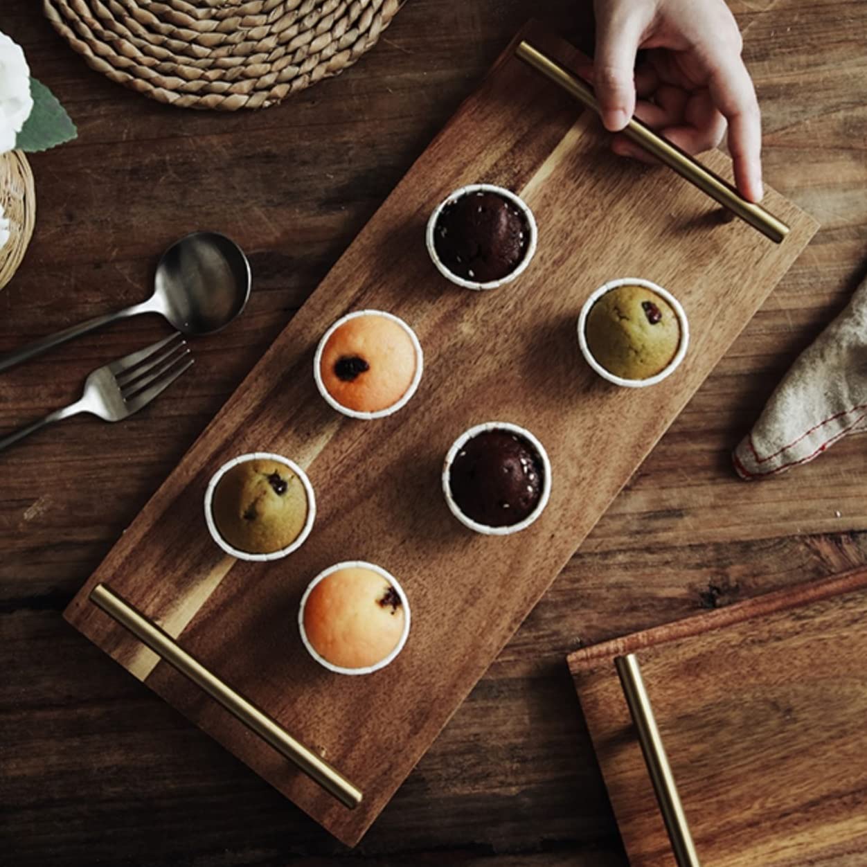 Resafy Acacia Wooden Serving Tray with Stainless Steel Handles, Handmade Decorative Serving Board,Decorative Nesting Food Board Platter for Breakfast,Coffee,Living Room,Bathroom,Kitchen and Outdoors