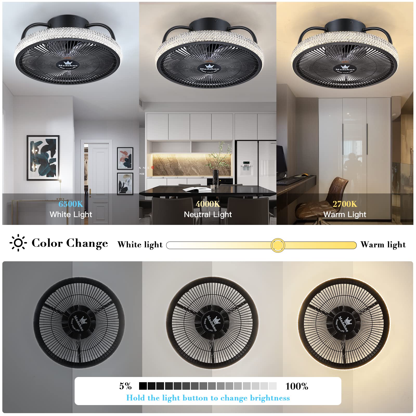 MADSHNE Low Profile Flush Mount Ceiling Fans with Lights and Remote,15'' Small Modern Bladeless Ceiling Fans, Black Enclosed Ceiling Fan with Dimmable LED Lighting Fixture for Bedroom Kitchen