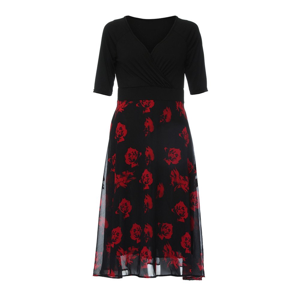 Plus Size V-Neck Dress for Women Floral Printing Mesh Swing Dress Patchwork Half Sleeve Tank Top Dress Red