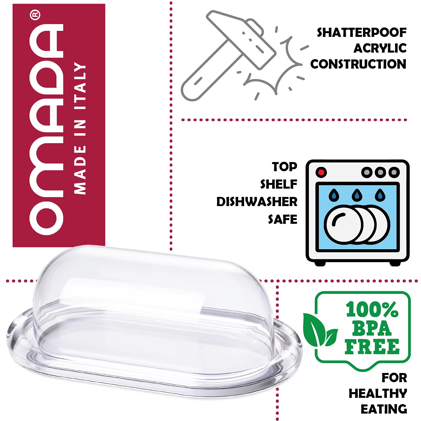 Omada Acrylic Covered Butter Dish: Large Clear and White Butter Keeper and Cream Cheese Container β Dishwasher Safe European Butter Dish with Lid β 3β Wide Butter Holder for Counter