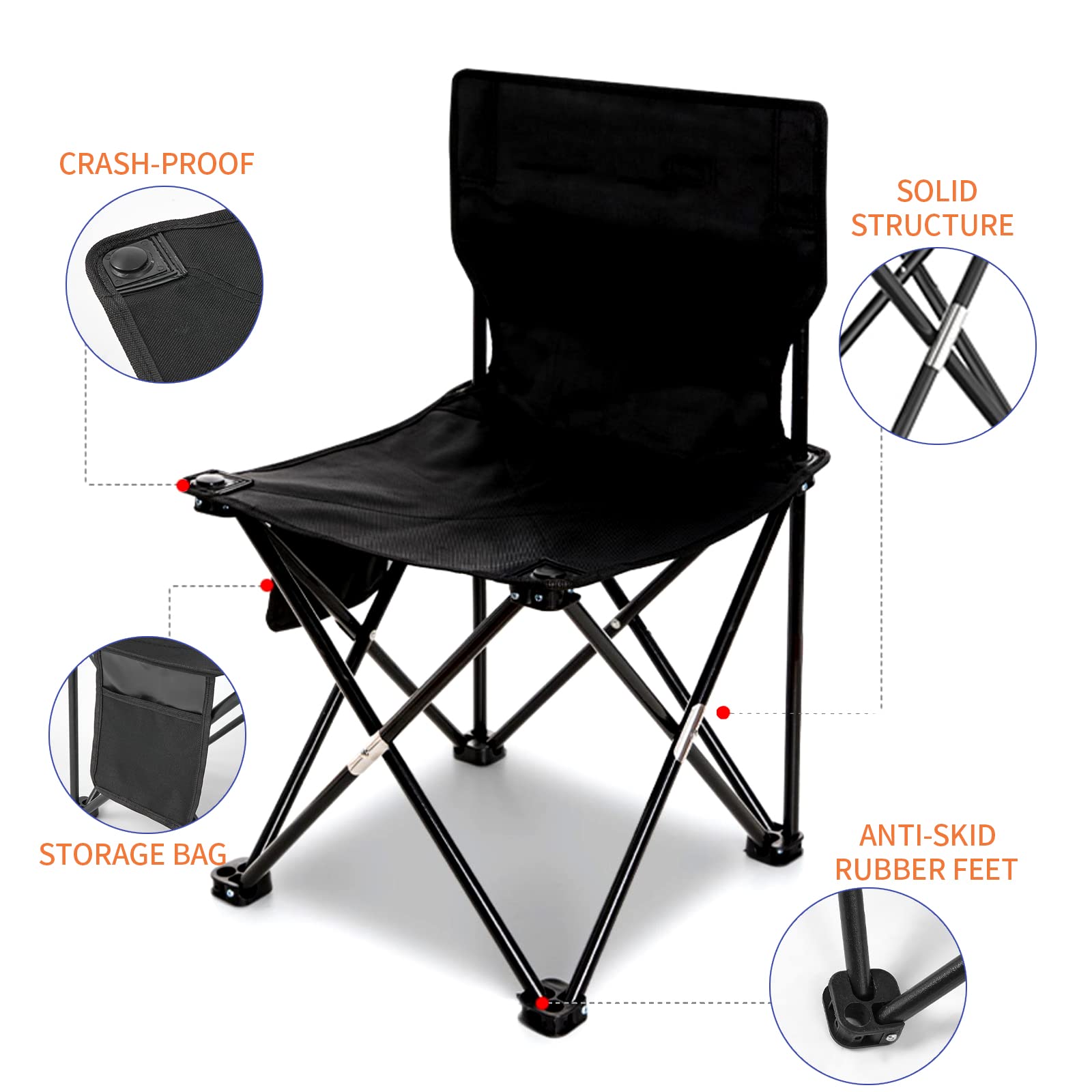 Puraville Easy Set-Up Camping Chairs 2 Pack, Portable Outdoor Chairs with Storage Pockets for Both Adults and Kids(Black, 2pcs)