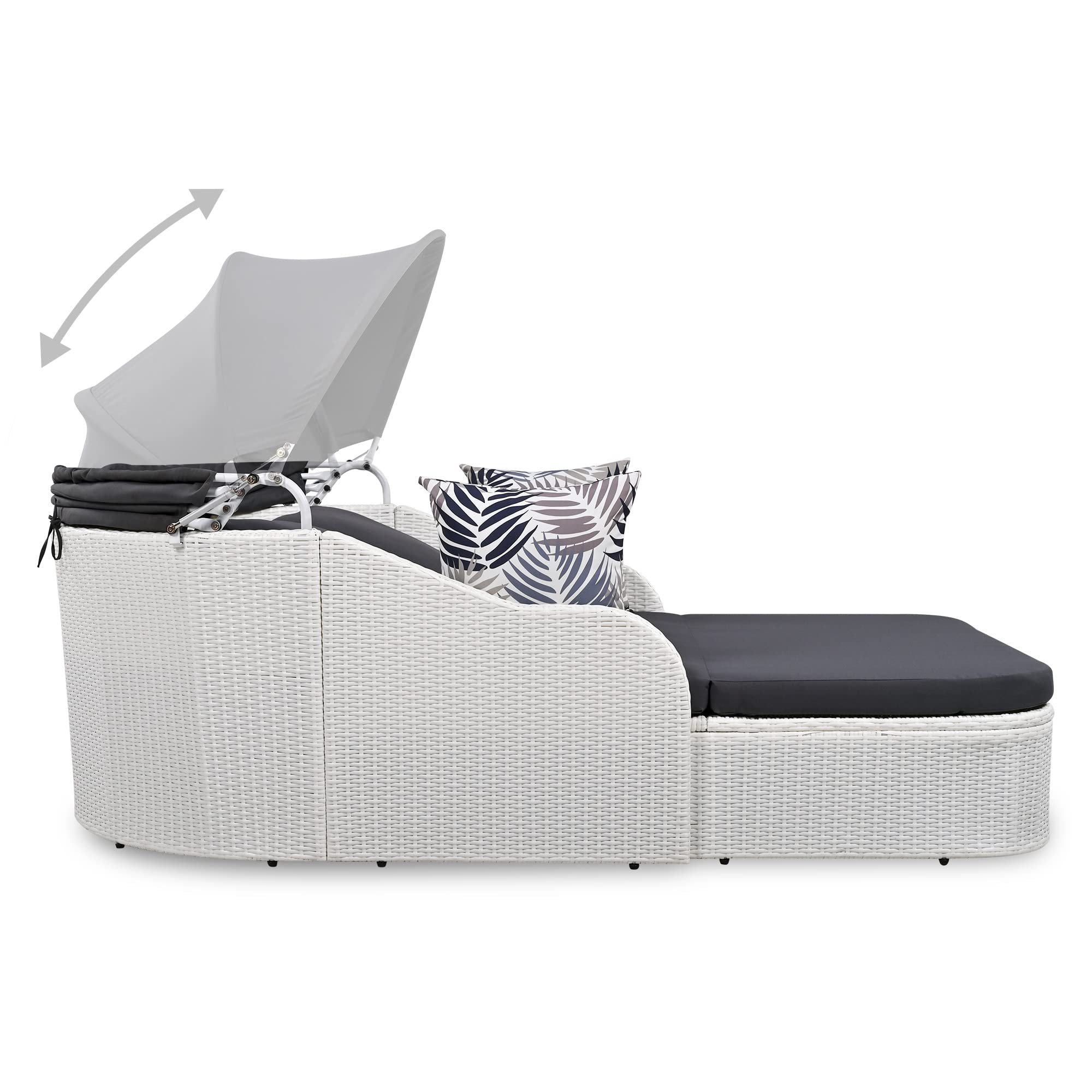 Merax Patio Furniture Sets, Outdoor Sunbed with Adjustable Canopy, Double Lounge, PE Rattan Daybed, White+Gray