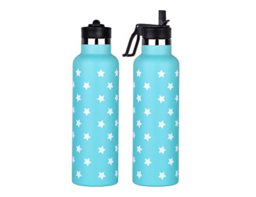 QISSZION Kids Insulated Bottle with Handle & Straw 25oz, Vacuum Stainless Steel Water Bottles Leakproof for School, BPA Free Flask Metal Thermos for Boys & Girls - Stars