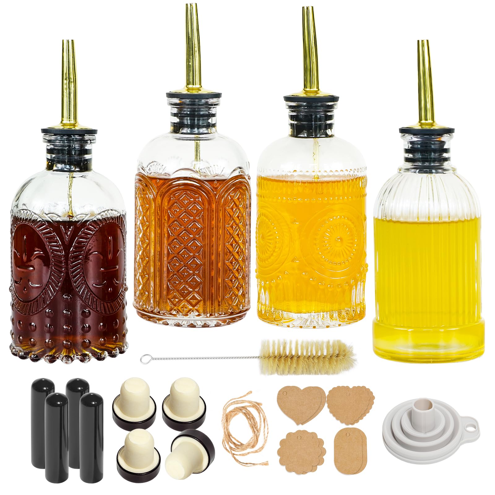 Oudizz 4pcs Syrup Dispenser Bottles for Coffee Bar, 7oz Simple Glass Syrup Bottle Set with Metal Pour Spout Ideal and labels for Syrups