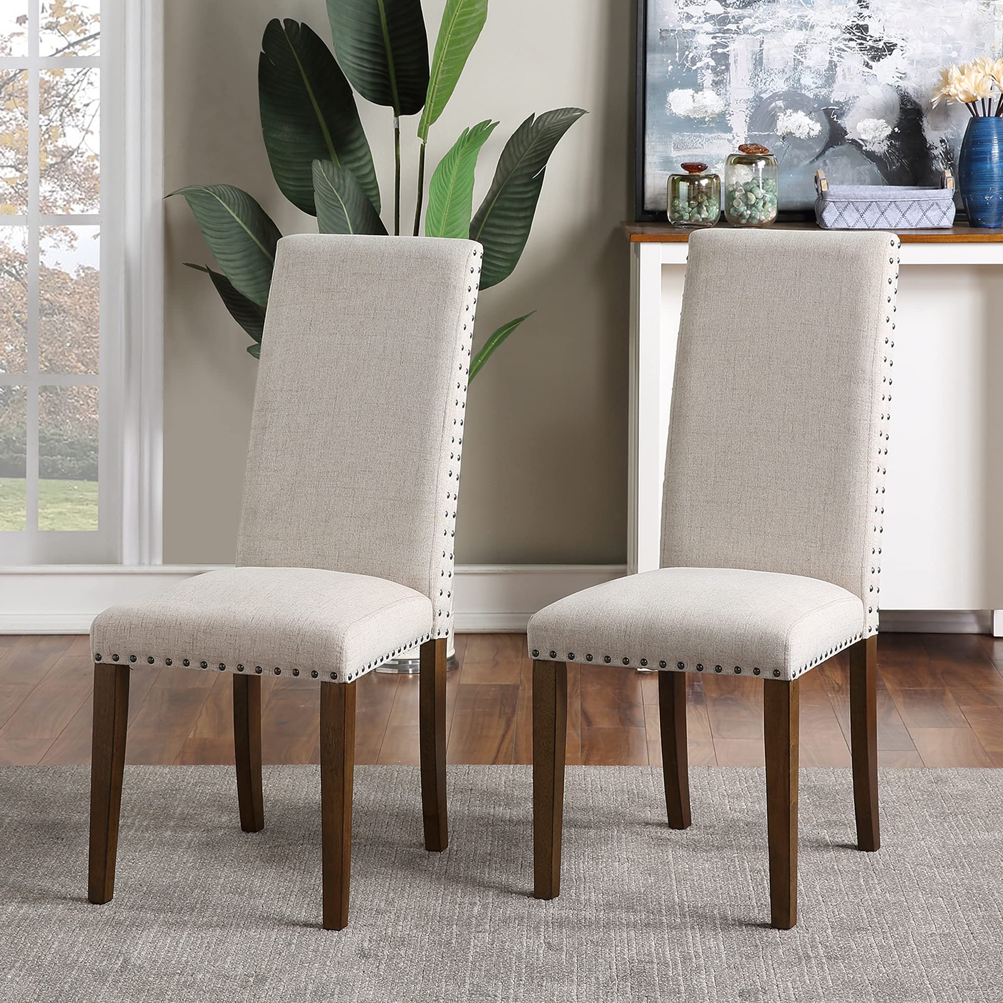 Merax Set of 2 Upholstered Fabric Dining Chairs with Copper Nails and Solid Wood Legs (Beige and Brown)