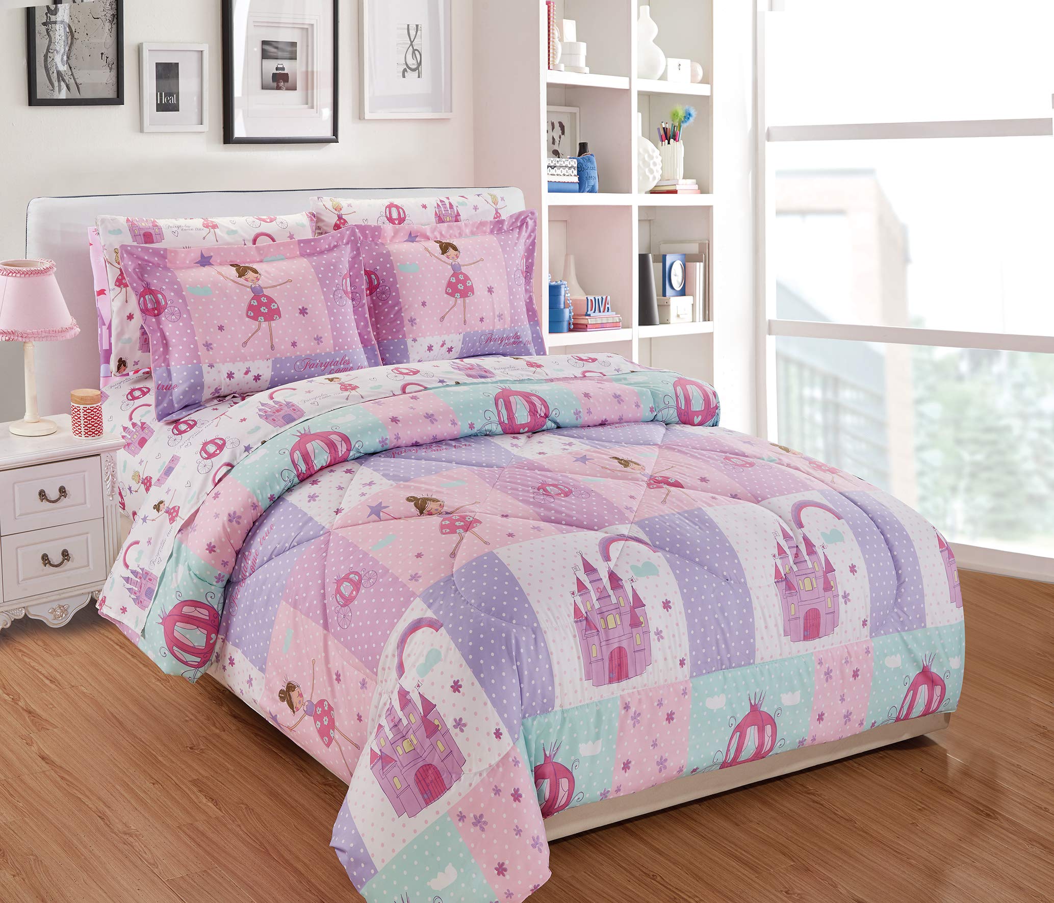 Mk Home Queen Comforter Set for Girls Princess Fairy Tales Castles Pink White Lavender New