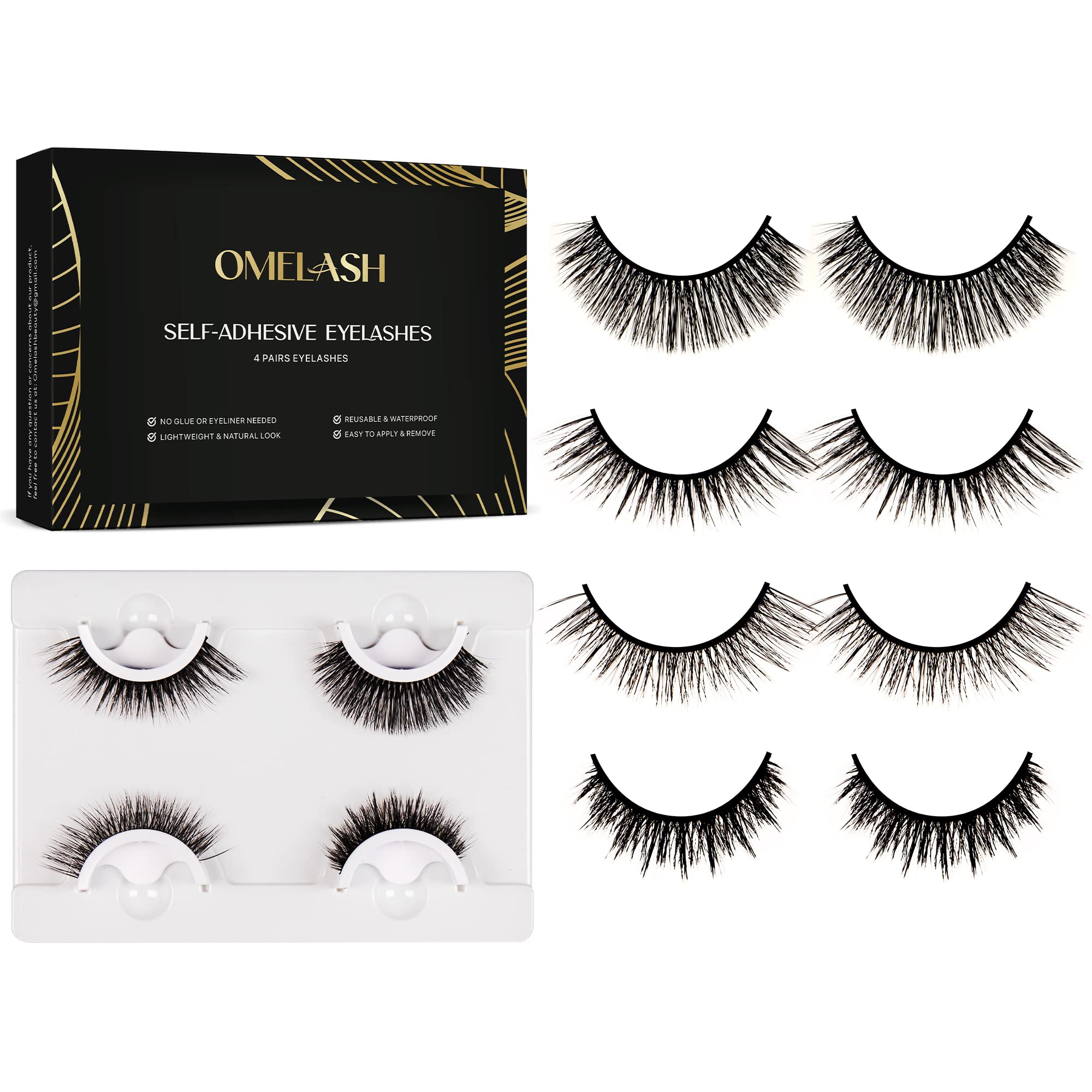 OMELASH Reusable Self Adhesive Eyelashes, Four Styles Waterproof False Eyelashes, No Glue False Eyelashes, Self Adhesive Eyelashes Reusable Self Sticking, False Eyelashes Natural Look(4 Pairs)
