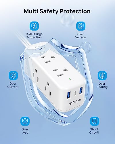 TROND Ultra Thin Flat Extension Cord 10 ft, Flat Plug Power Strip Surge Protector, 6 Wide Space Outlets 3 USB Ports(1 USB C), 3 Side Outlet Extender, Desk Charging Station Compact for Travel Home Dorm