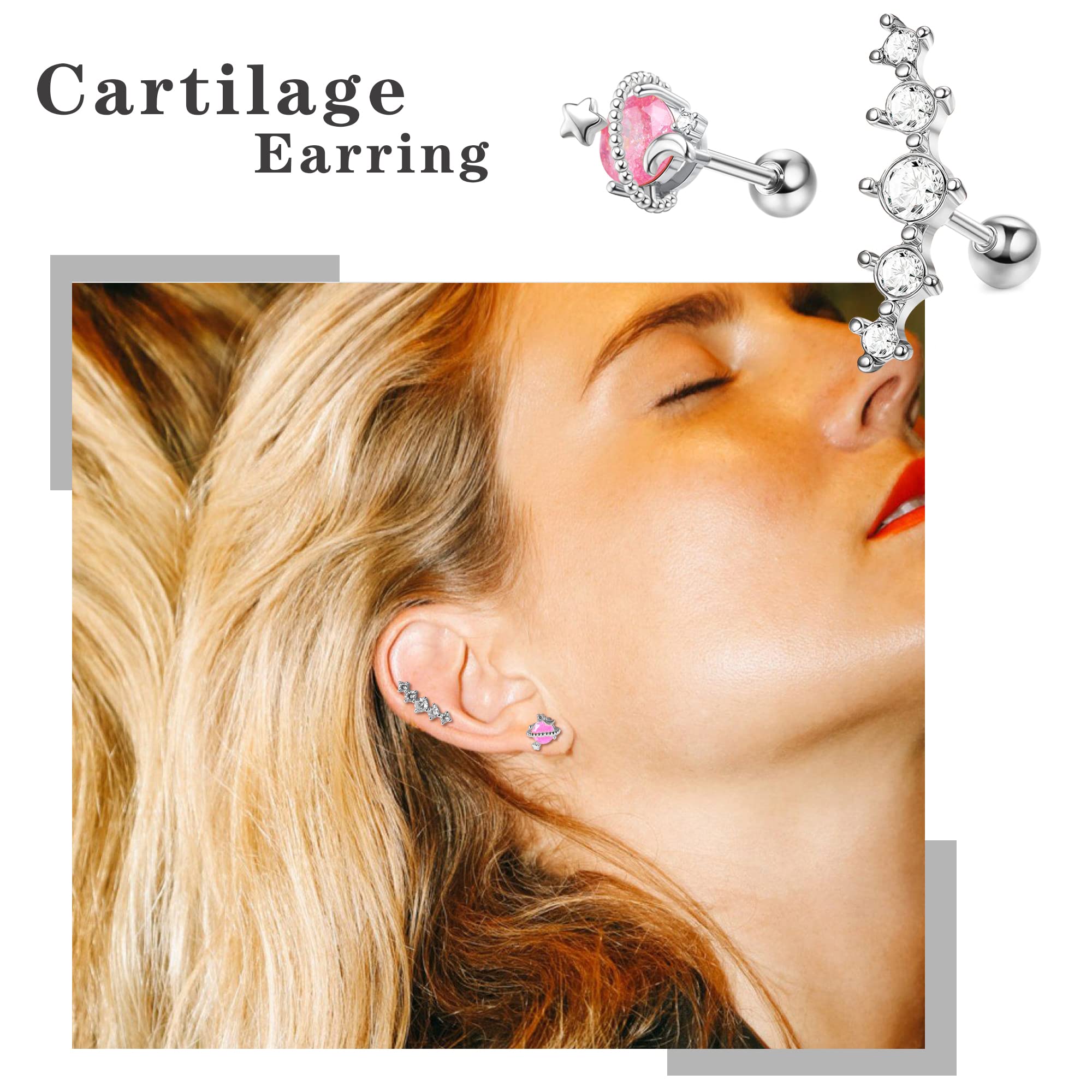 Sanfenly 11Pcs 16G Cartilage Earrings Studs Stainless Steel CZ Forward Helix Tragus Stud Earring Cute Butterfly Moon and Star Cartilage Daith Conch Ear Piercing Jewelry for Women