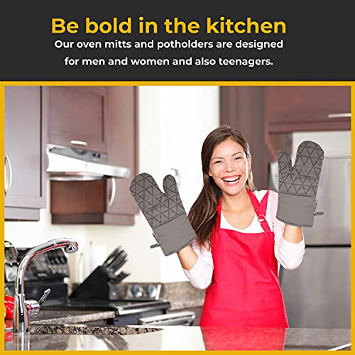 Oven Mitts & Pot Holders Sets - Kitchen Gloves & Towel Gift Box Set Gray 6Pcs by COOK TIDY - 13β Xtra Large Thick Washable - Professional & Heavy Duty - Protective Long Cuff for Cooking, Baking, BBQ