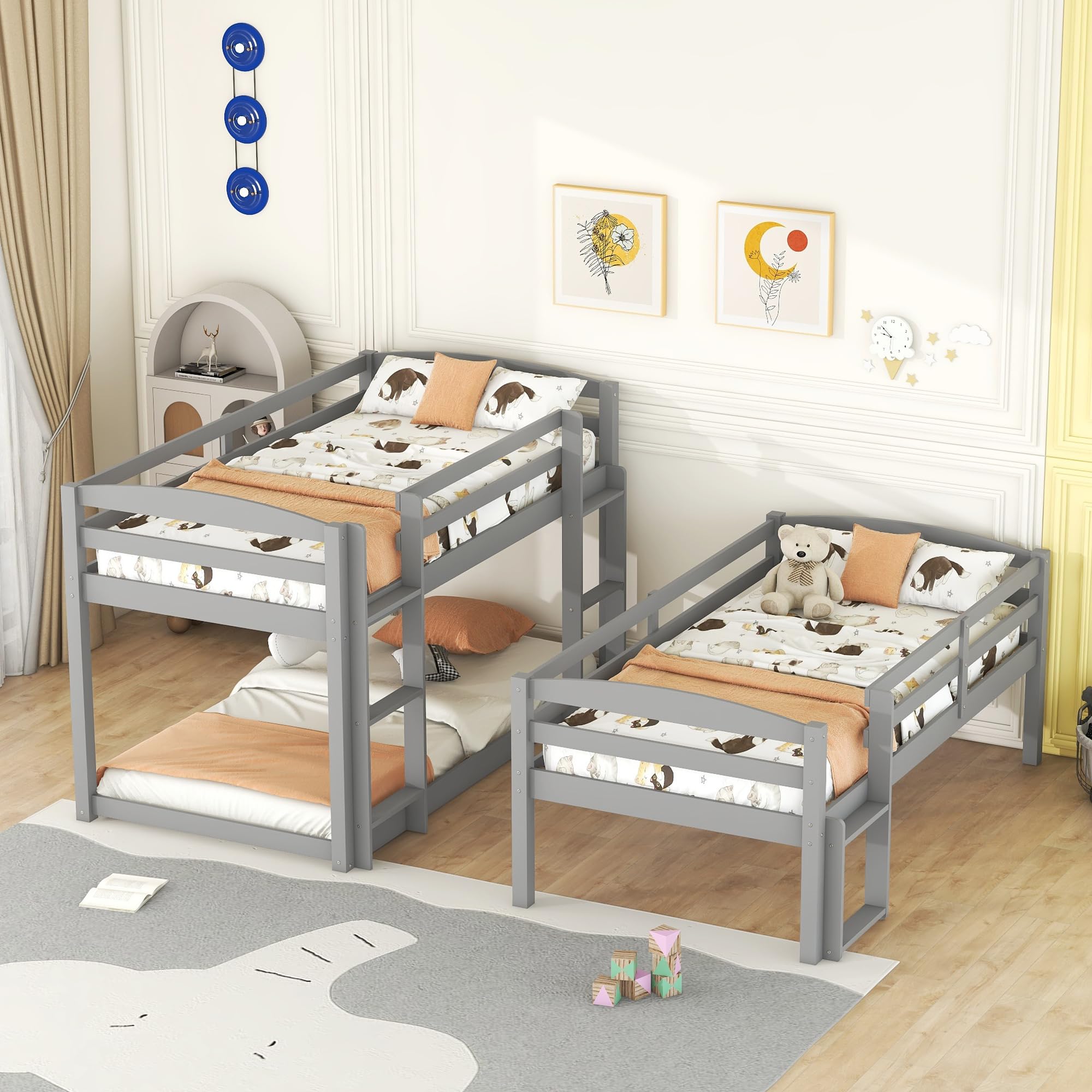 Merax Twin Triple Bunk Bed, Wood Twin Size Triple Bed Frame with Guard Rail and Ladder, Can be Divided into Separate Beds, Gray