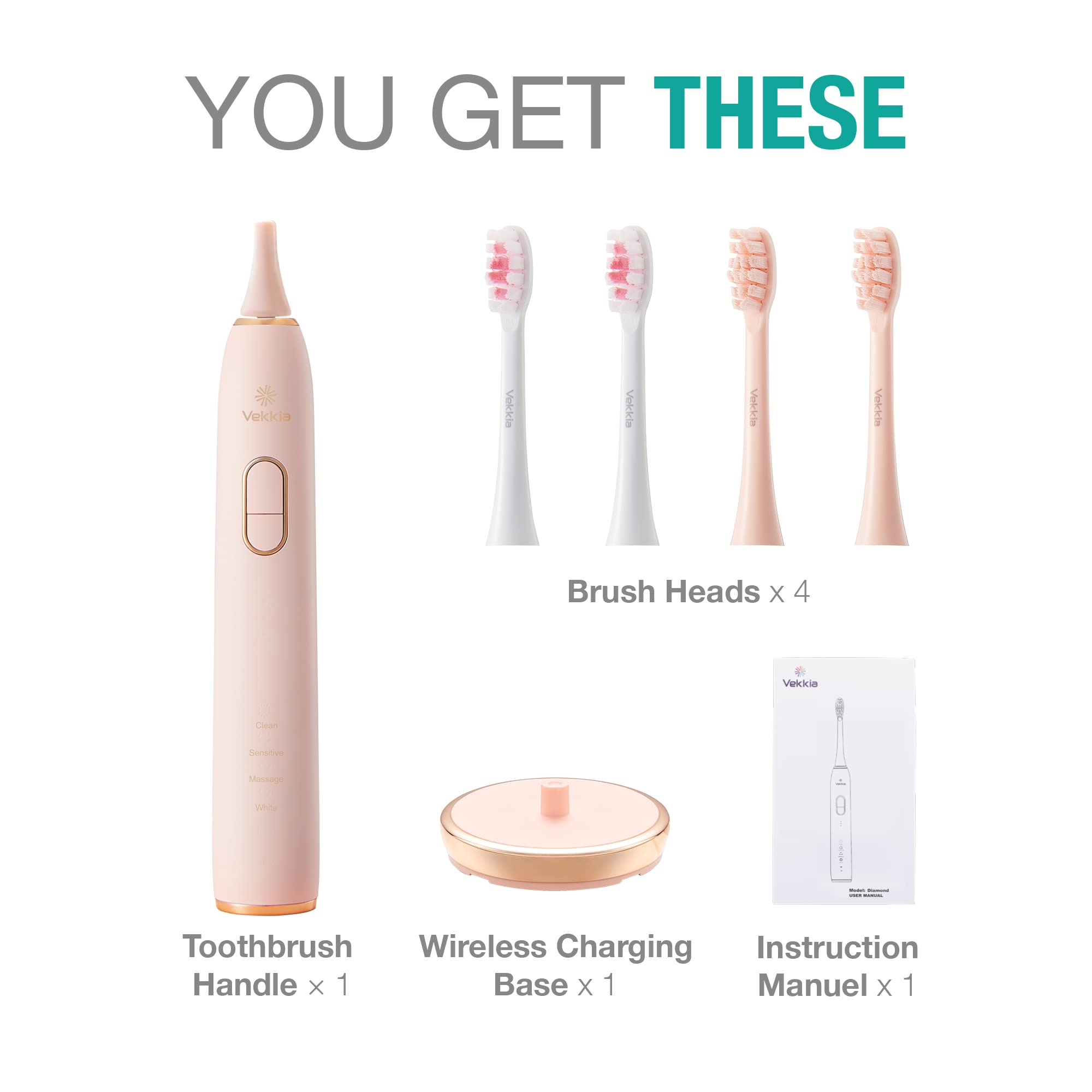 Vekkia Electric Toothbrush and Replacement Heads, Buy a Toothbrush, get 4 More Toothbrush Replacement Heads (Pink Diamond)