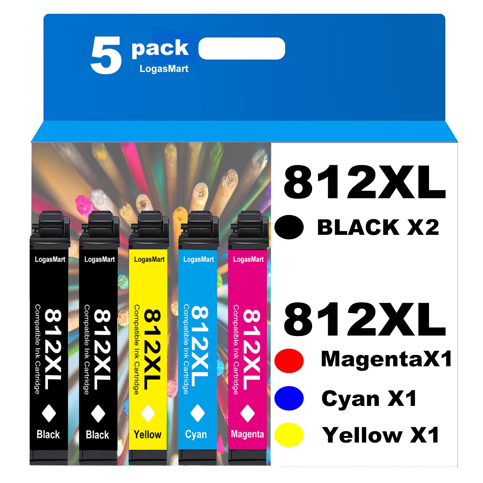 LOGASMART Remanufactured Ink Cartridge Replacement for Epson 812XL (Black (2 Nos), Cyan, Magenta and Yellow, 5-Pack)