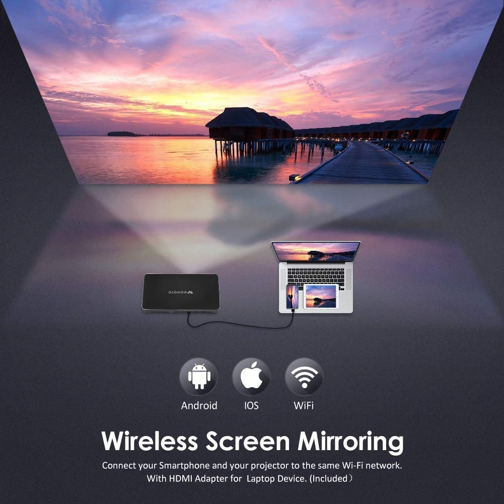Mini Projector WOWOTO A8 Pro 200 ANSI Lumen Android Support Full HD 1080P Smart Wi-Fi Projector 4200mAh battery 150"Image DLP Video Projector with BT4.0/HDMI/USB/Outdoor Projector for Home Theater