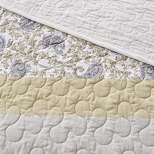 Madison Park 100% Cotton Quilt Set Floral Print, Double Sided Stitching, All Season, Lightweight Coverlet Shabby Chic Bedding Layer, Matching Shams, Full/Queen, Yellow 6 Piece