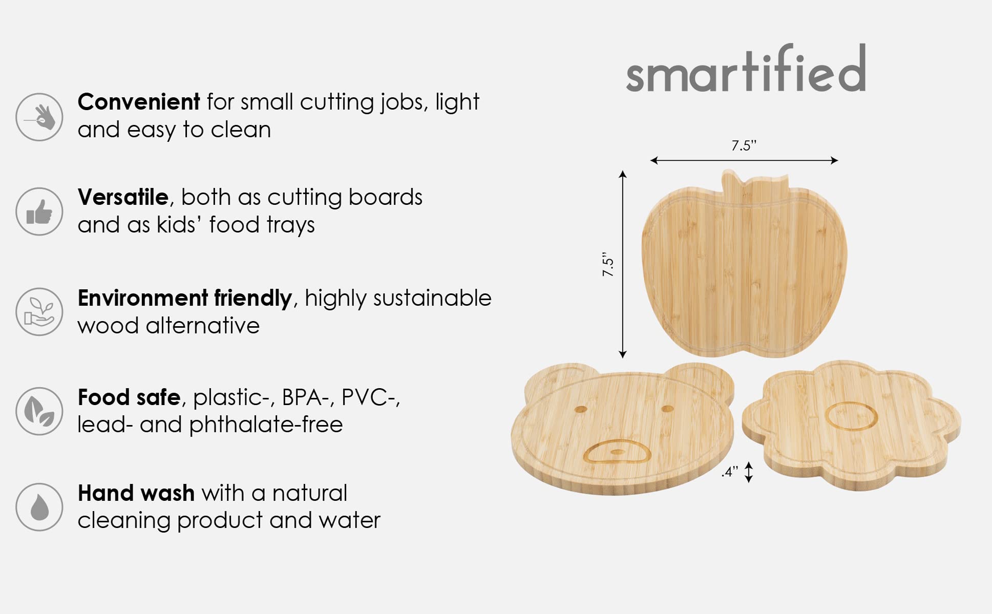 smartified Small Cutting Boards, Sustainable Bamboo Wood, Multipurpose as Kids’ Plates and Kitchen Decor, 3 pcs, Apple-Bear-Flower Designs, 7.5’’x7.5’’x0.4’’
