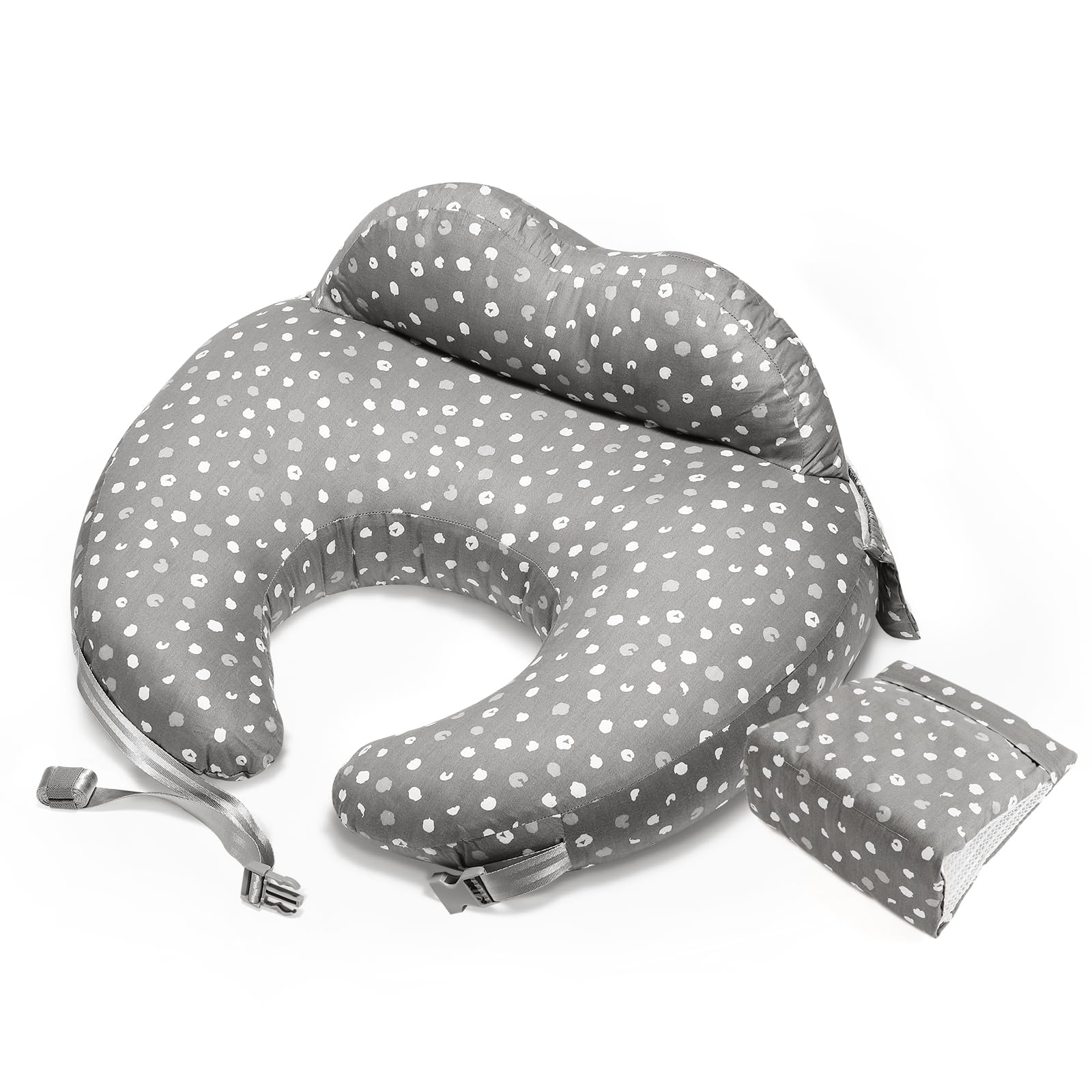 MOMTORY Nursing Pillow for Breastfeeding & Bottle Feeding Pillows 15° Tilt to Prevent Spitting Milk, Arm Pillow Support for Mom and Baby, Adjustable Waist Strap Cotton Cover, Grey