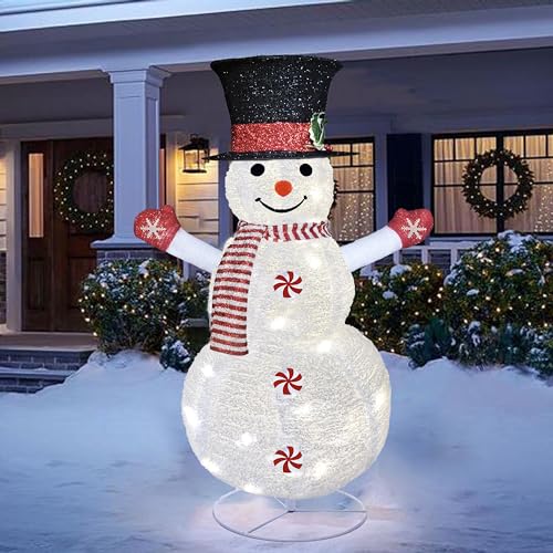 Lighted Christmas Snowman Decorations, 4FT Outdoor Collapsible White Snowman with Built-in LED Lights, Pre-Lit Pop Up Xmas Snowman, Light Up for Holiday New Year Winter Decor (lint)