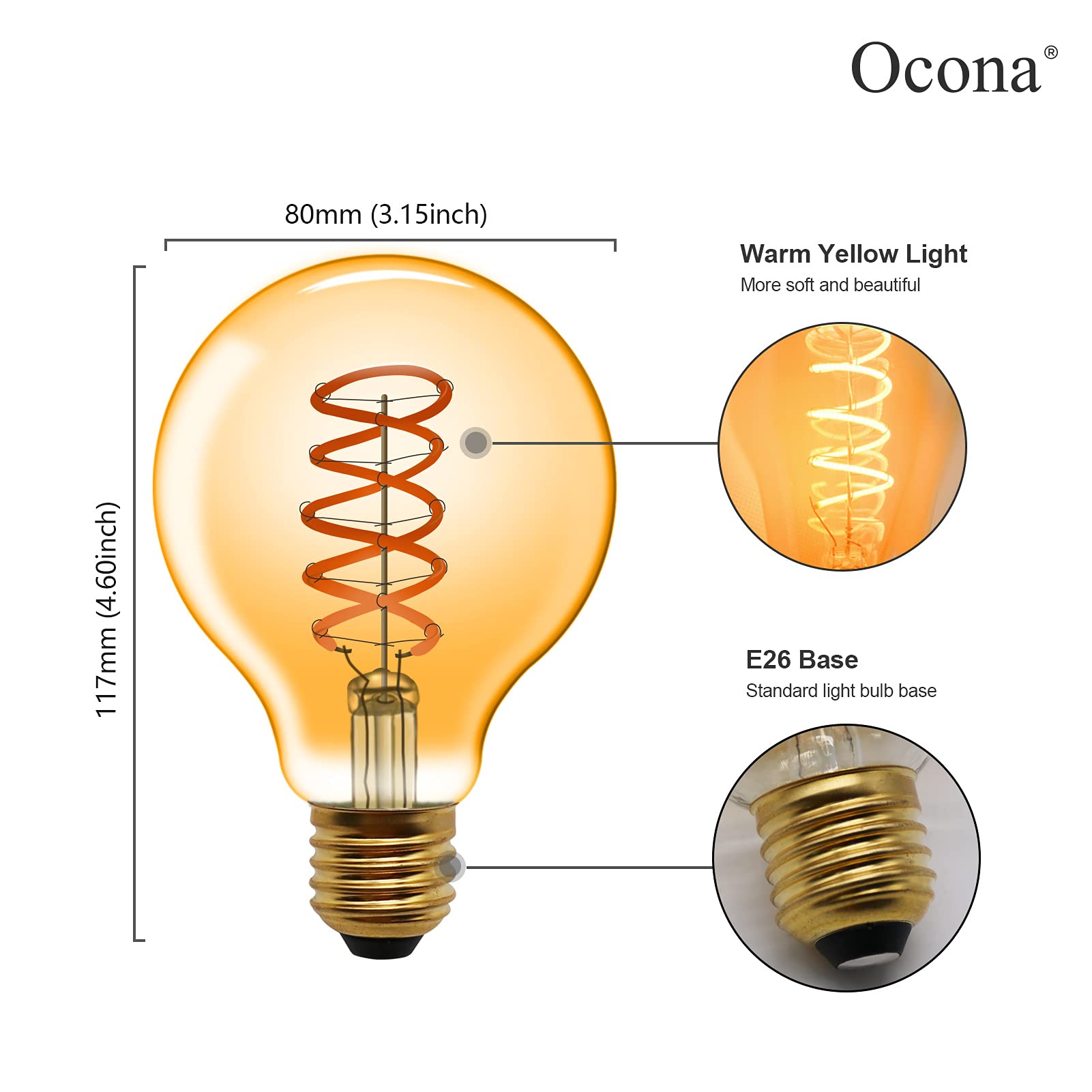 Ocona Vintage Edison LED Light Bulbs 40W Equivalent, G80 Amber Glass LDE Bulb, High CRI 90, 2000K Warm Yellow Light, E26 Medium Base, Pack of 4